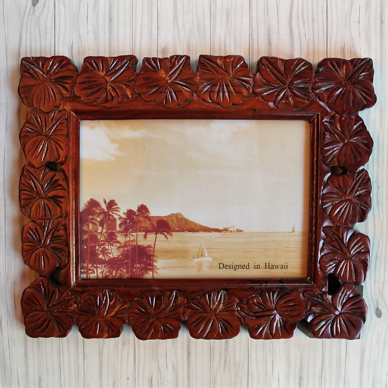 Vintage Wooden Hawaii Photo Picture Frame 5x7 Carved Wood Flower Design ...