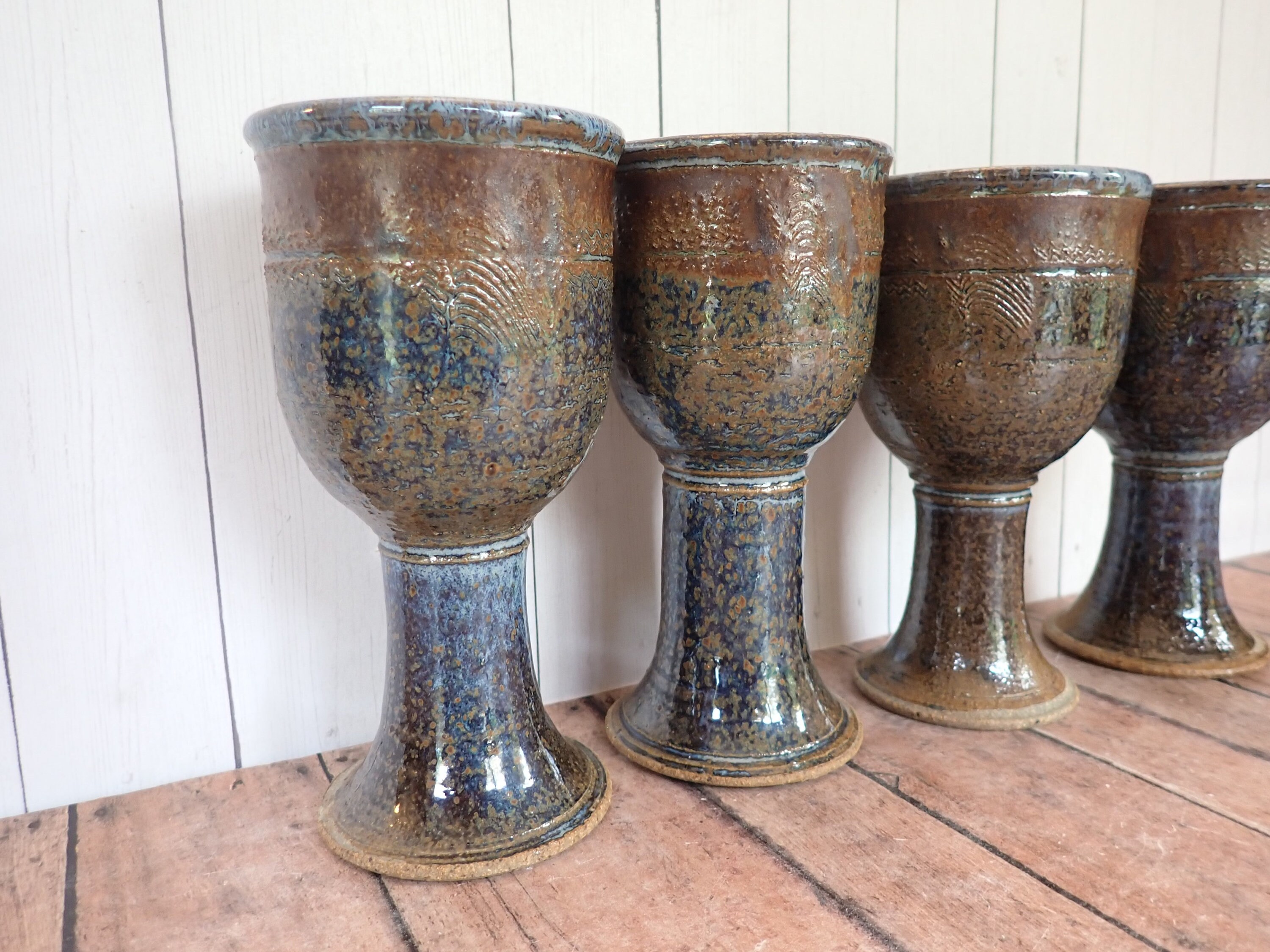 Vintage Stoneware Pottery Goblet Set of 4 Blue and Brown Wine Glass Chalice