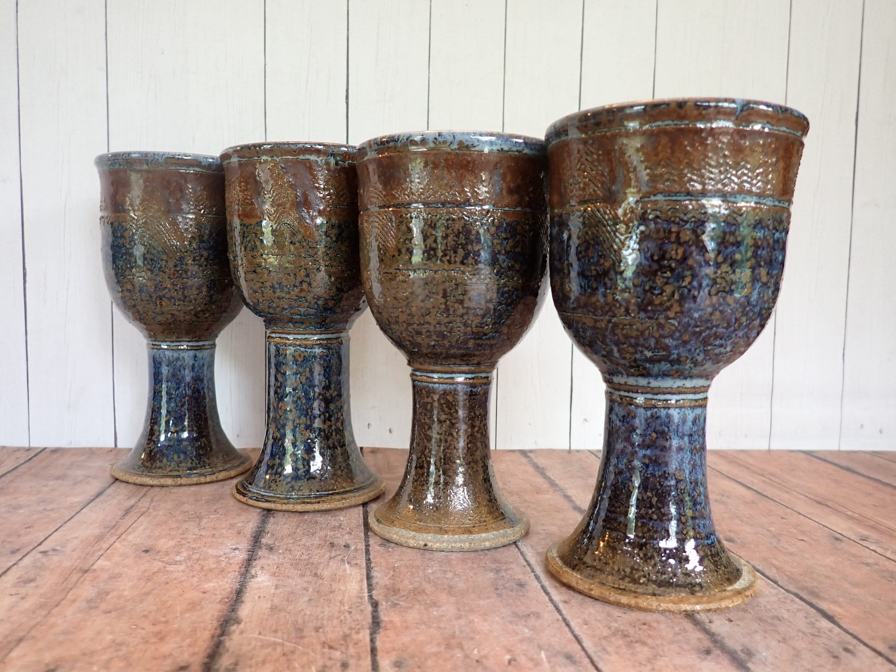 Vintage Stoneware Pottery Goblet Set of 4 Blue and Brown Wine Glass Chalice