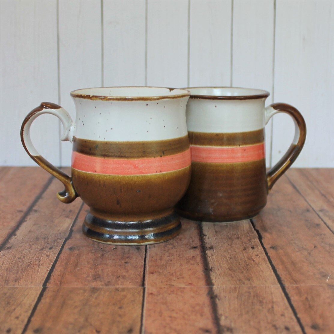 Vintage Stoneware Mug Set of 2 Brown White Pink Striped Banded Design ...