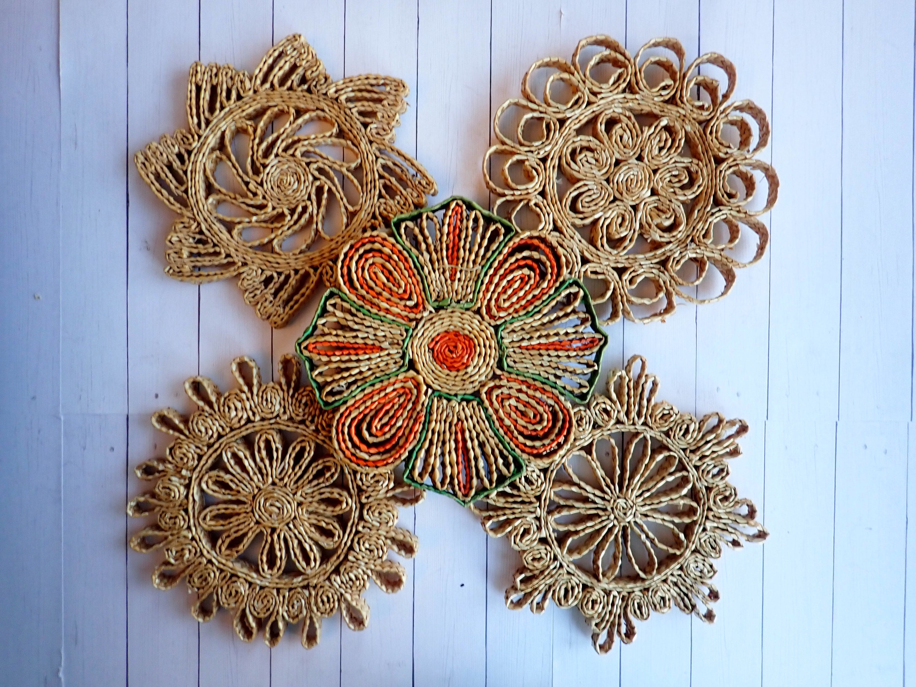 Vintage Wicker Rattan Woven Trivet Hotplate Set of 5 Beige Tan Wall ...