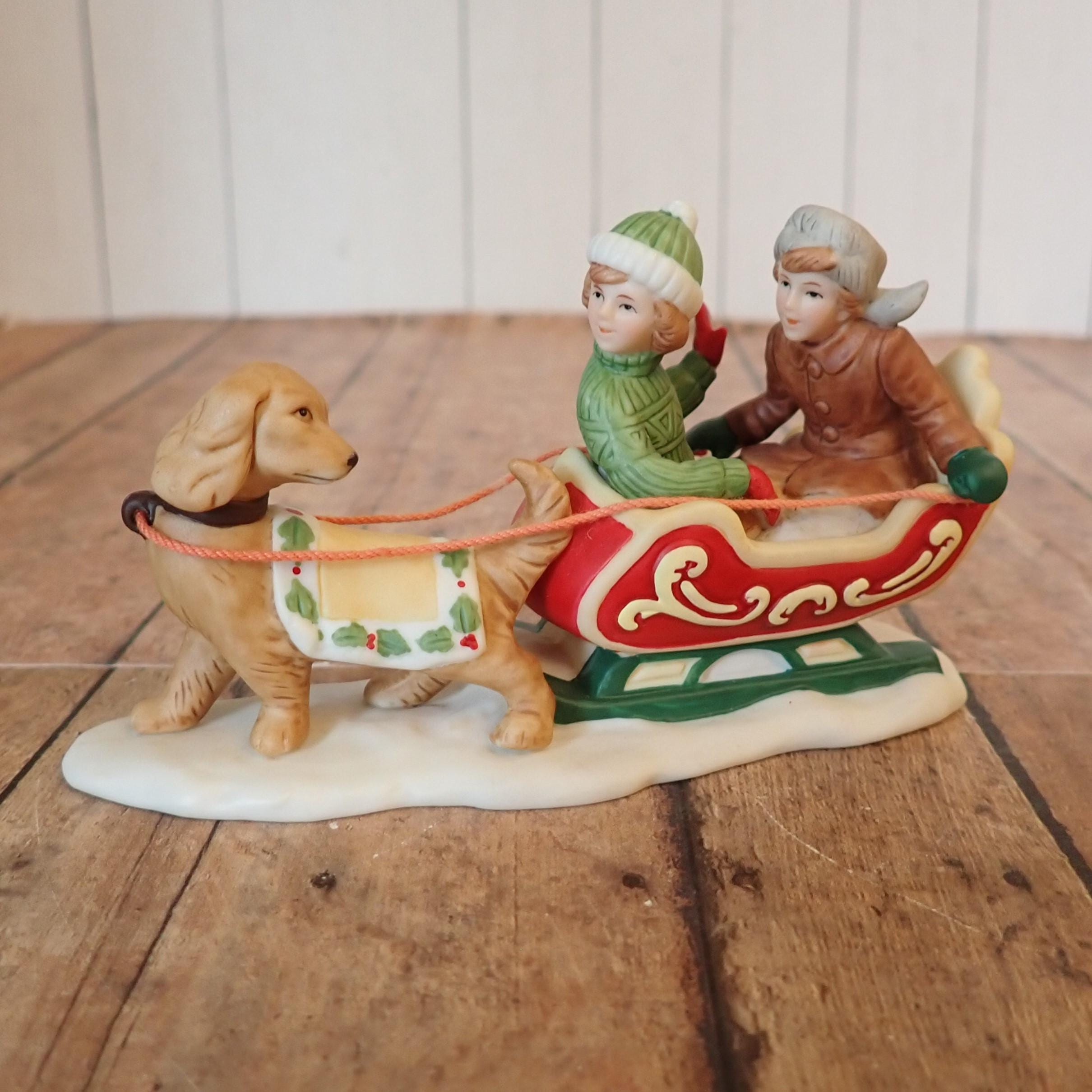 Vintage LEFTON Colonial Village Accessory Boy and Girl in Sleigh with Dog Pulling Sleigh Village ...