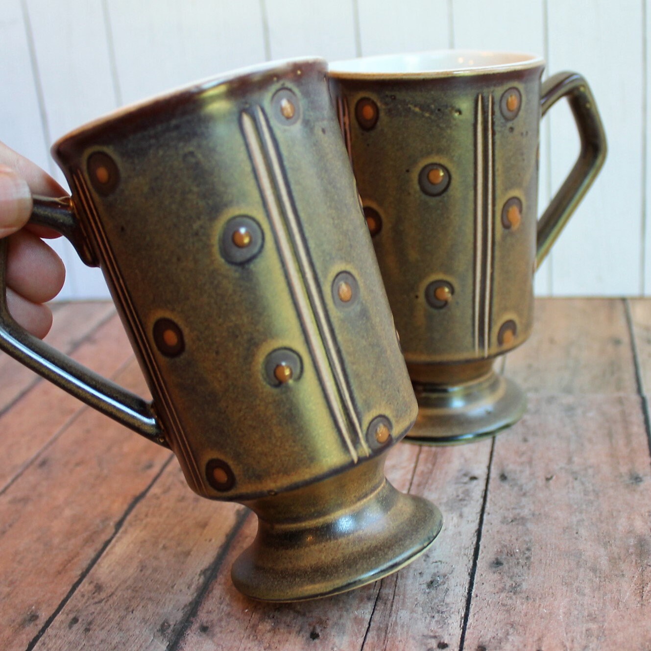 Vintage Stoneware Footed Mug Set of 2 Brown Dot Pattern Mugs Otagiri ...