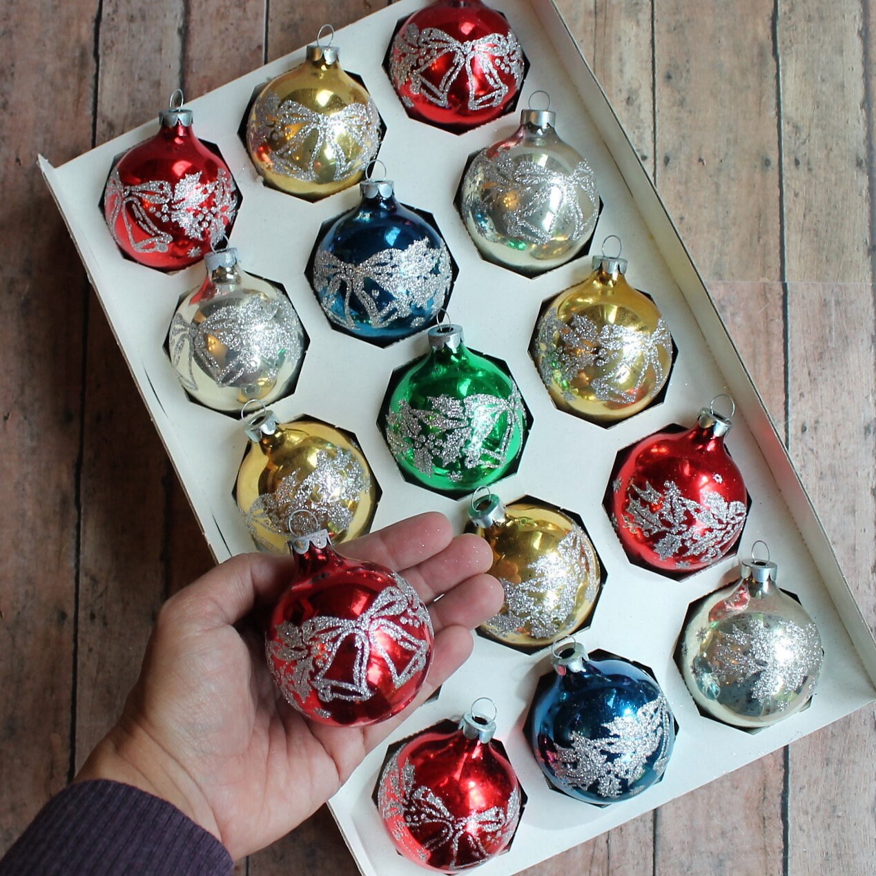 Vintage Pyramid Rausch Glass Ball Ornament Set of 15 Red Silver Gold ...