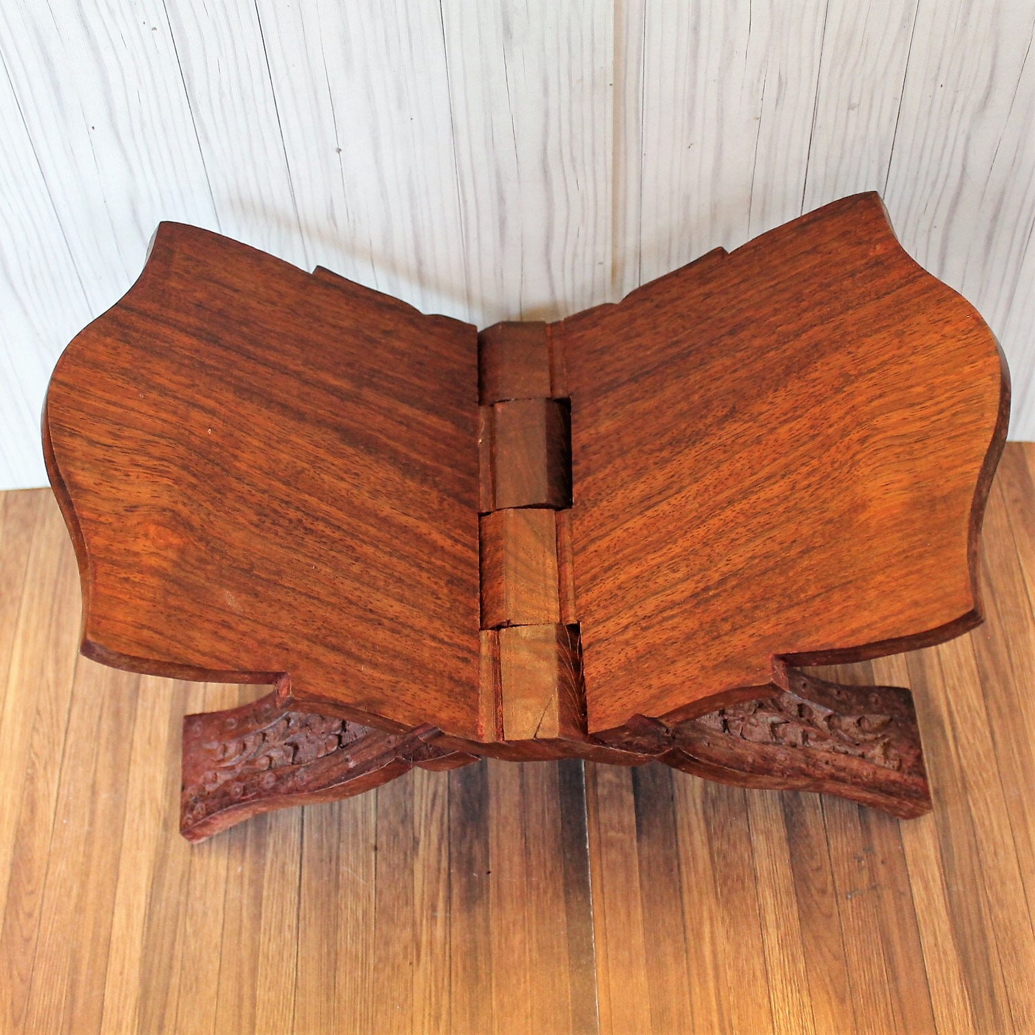 Vintage Wooden Book Stand with Carved Etched Floral Flower Design Wood ...