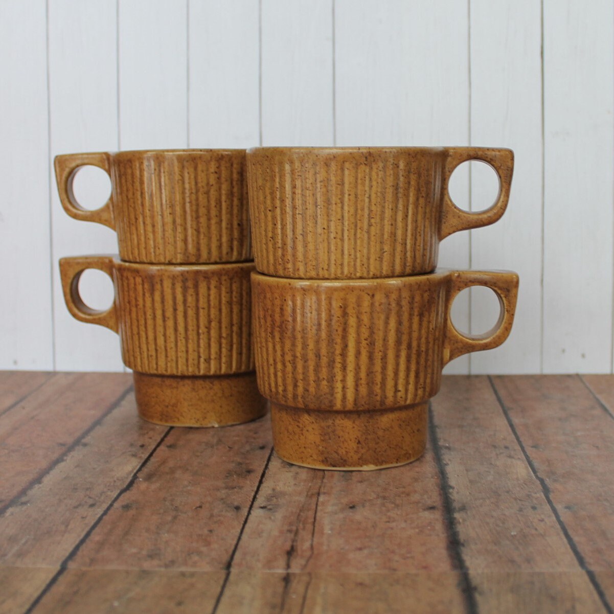 Vintage Western Stoneware Mug Coffee Cup Set of 4 Golden Tan Brown with ...