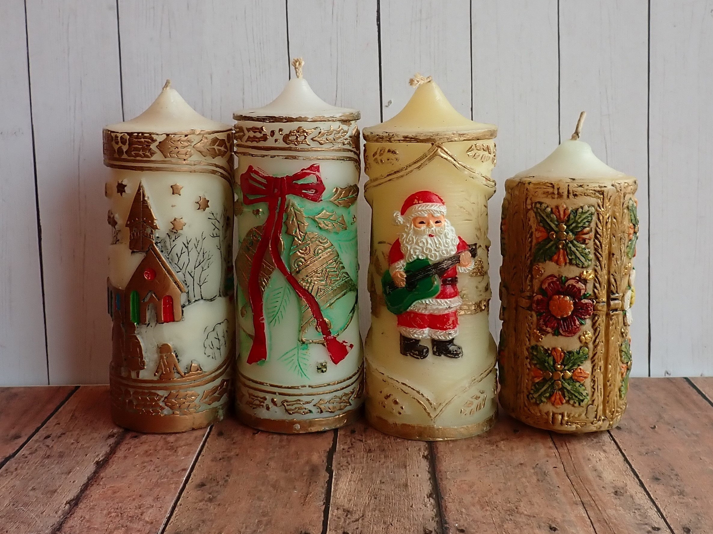 Vintage Christmas Holiday Pillar Candle Set of 4 Cream and Gold ...