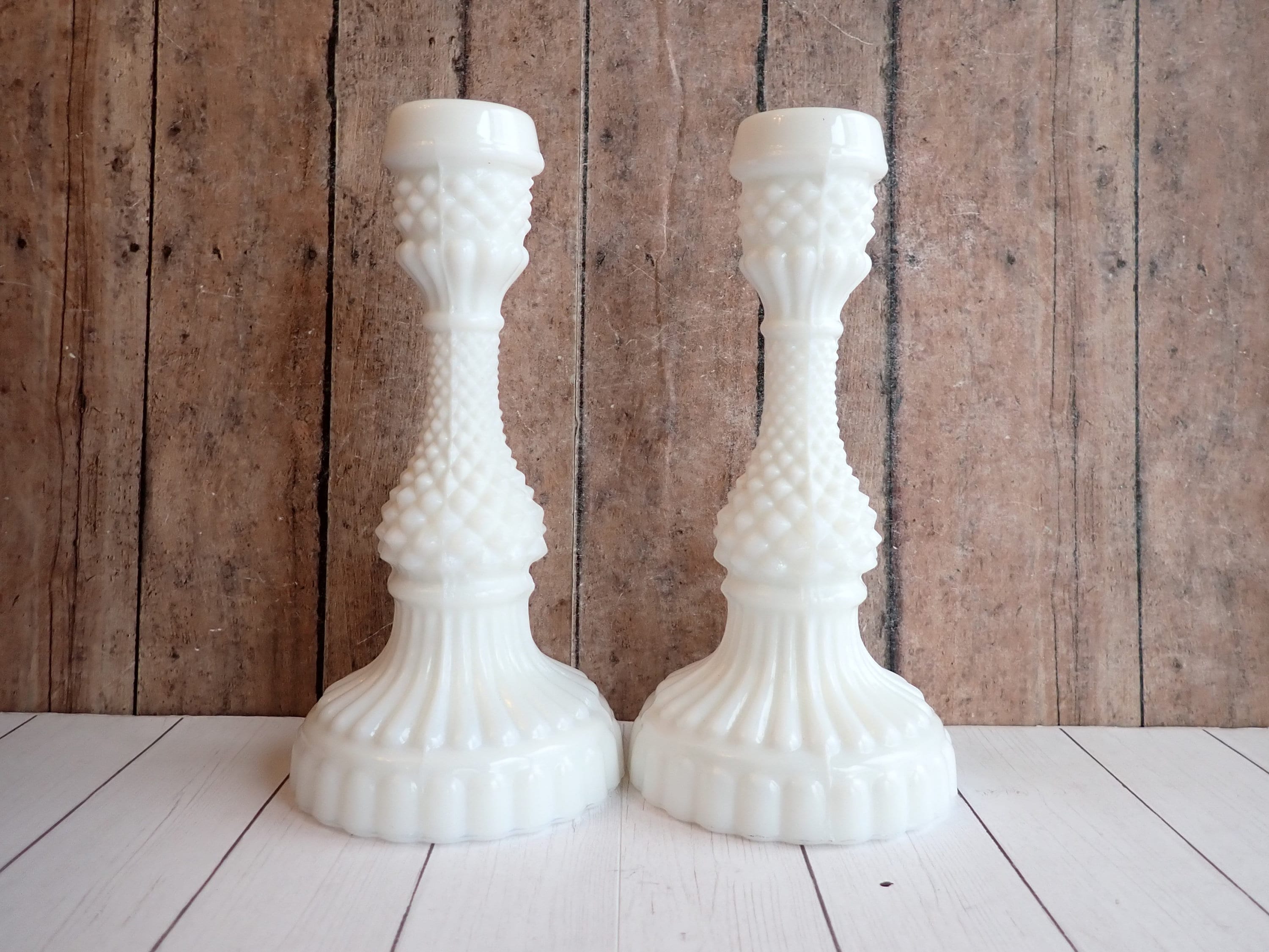 Vintage Milks Glass Candlesticks Set of 2 Matched Pair Hobnail Taper ...