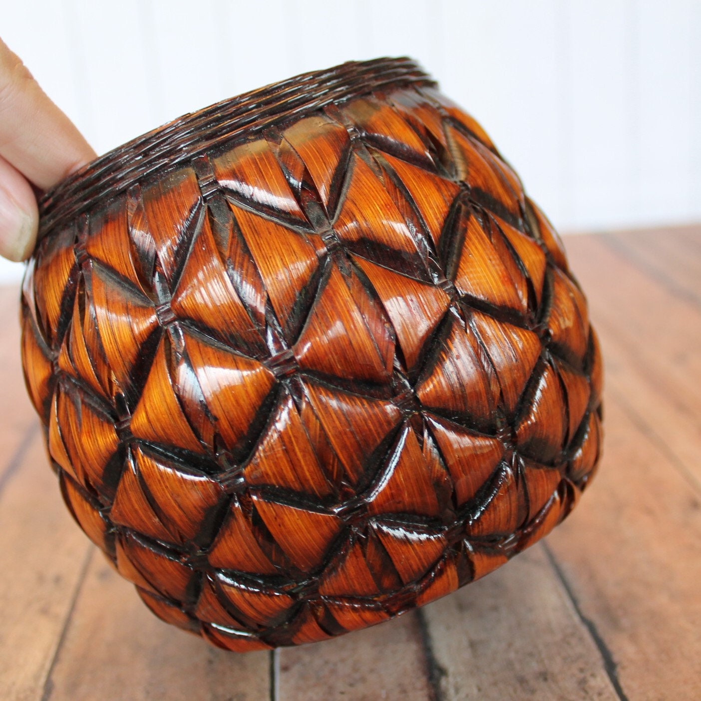 Vintage Wicker Woven Pineapple Shaped Basket with Lid Fruit Vase Boho ...