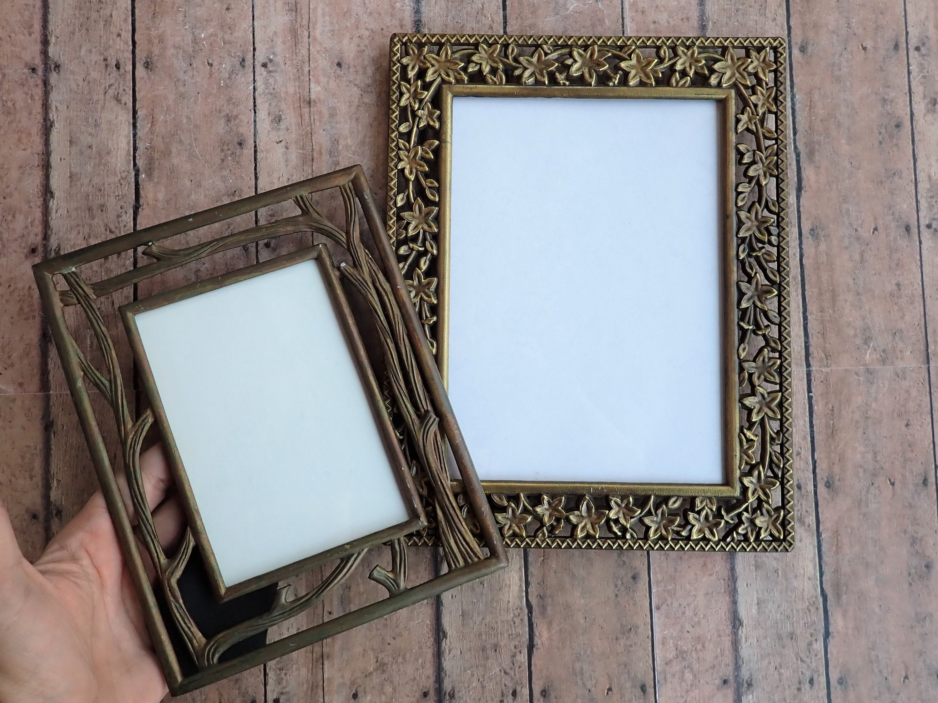 Vintage Bronze Metal Picture Photo Frame Set of 2 Etched Leaf and Tree ...