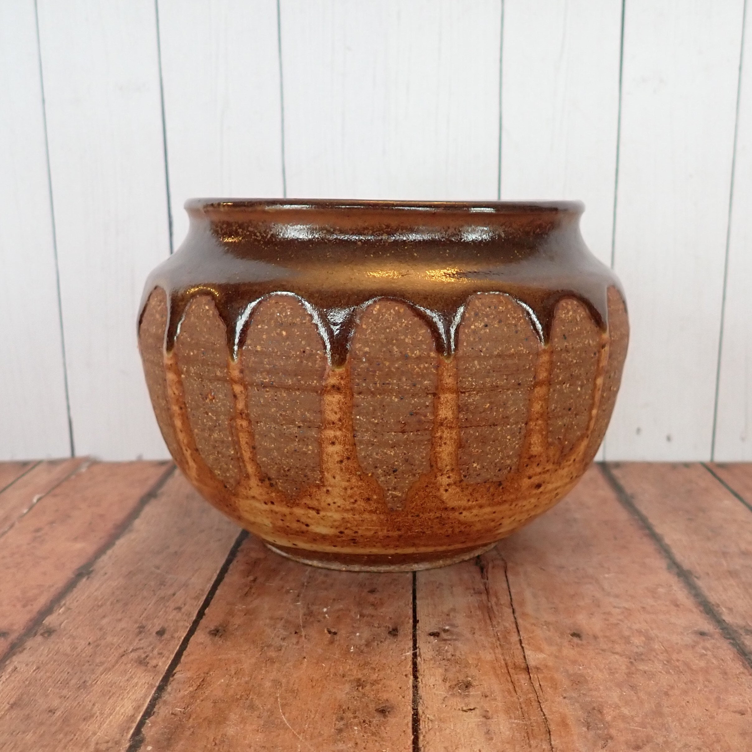 Vintage Stoneware Pottery Planter Hand Made Brown Tan Rust Colored with ...