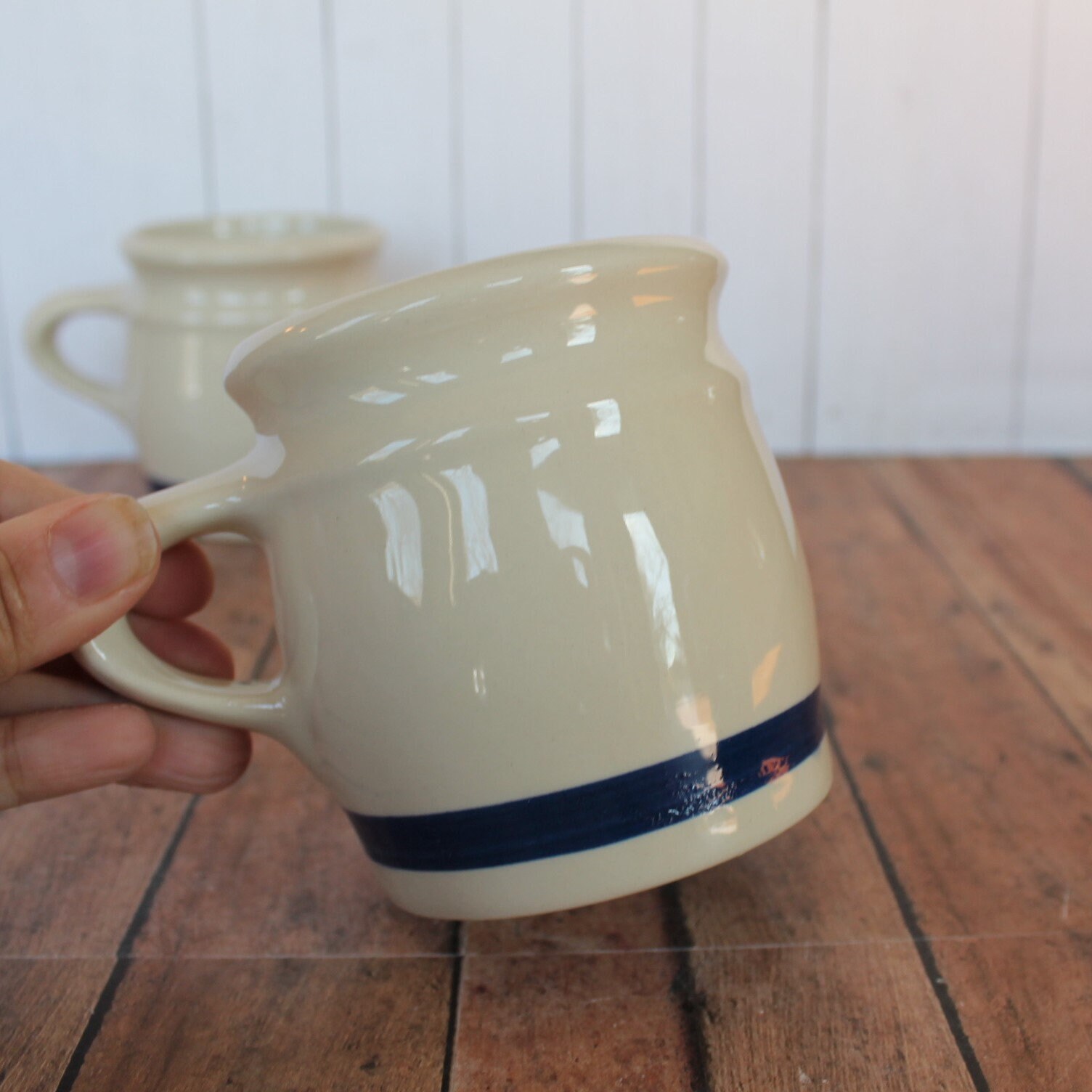 Vintage HARTSTONE Pottery Mug Set of 2 White Stoneware Mug with Blue Band