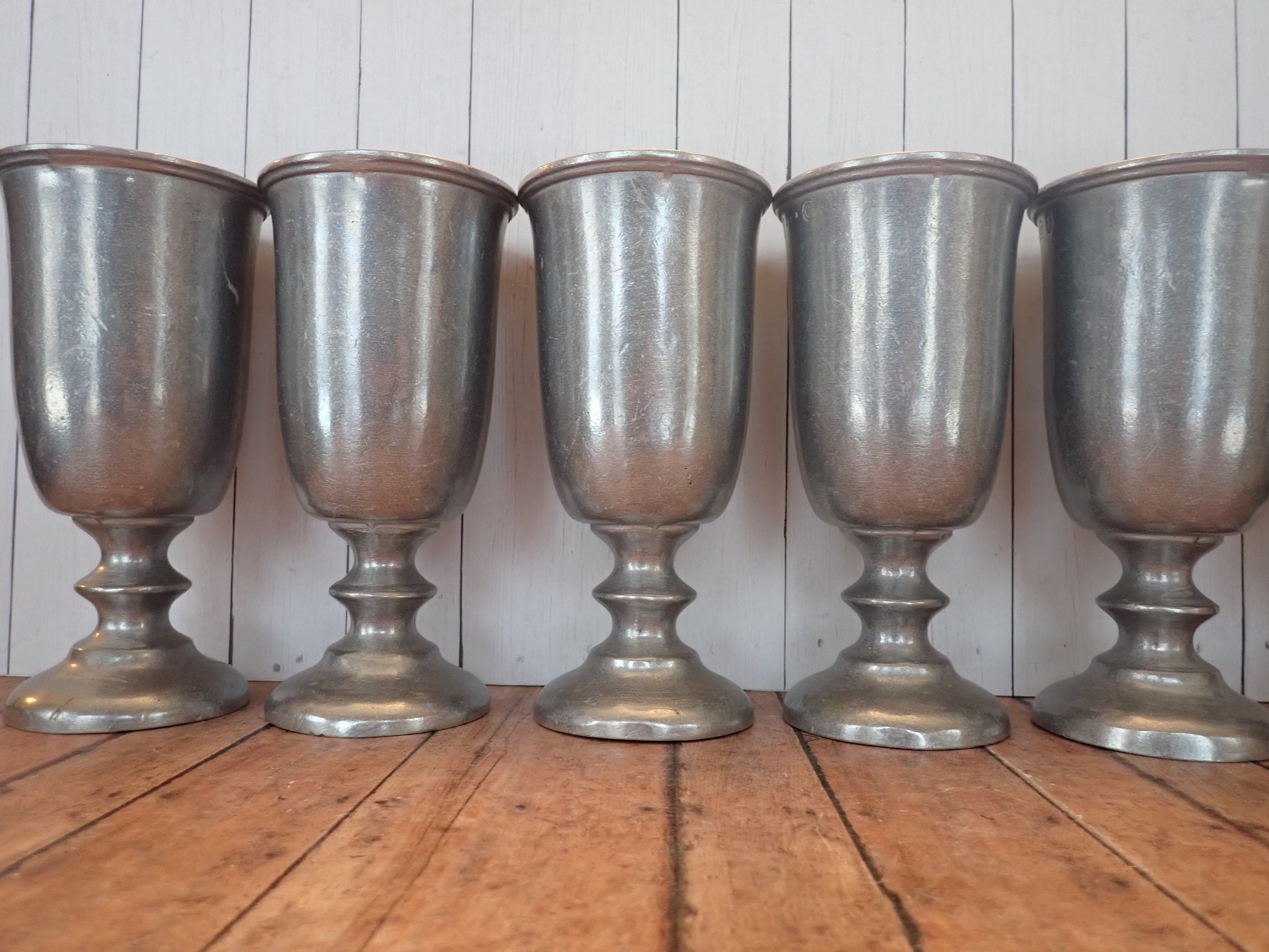 Vintage Wilton Armetale Plough Tavern Pewter Water Goblets Set of 7 Wine Glasses Metal Silver ...
