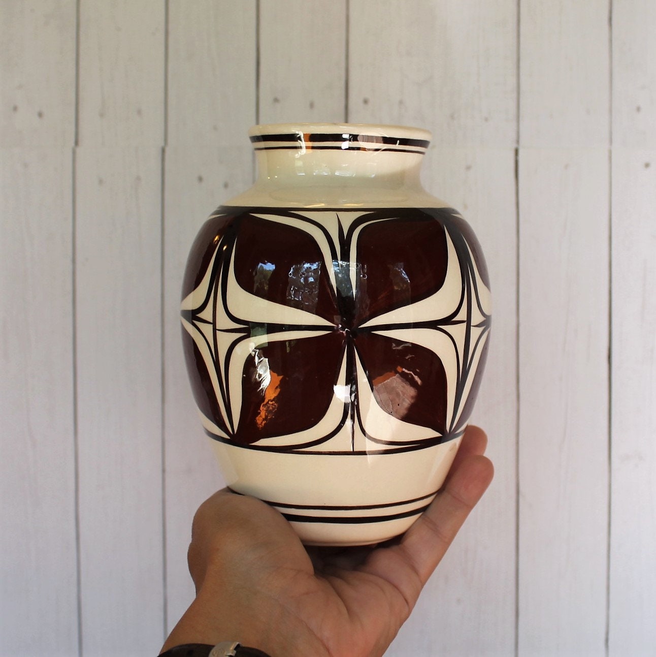 Vintage Pohaku Kiln Ceramic Hawaiian Pottery Vase White Brown Black ...
