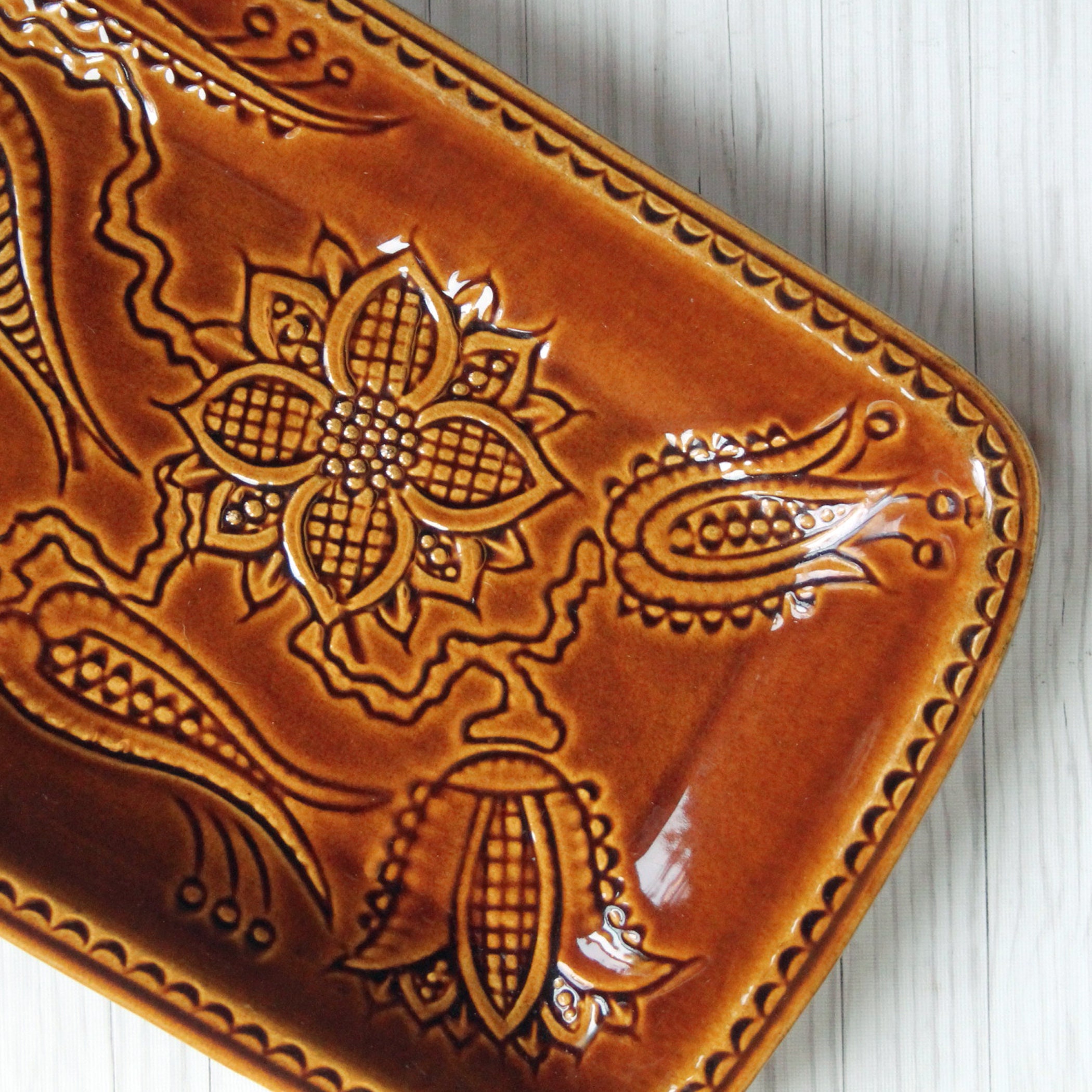 Vintage Ceramic Rectangular Tray Dish Faux Wood Grain Etched Flower ...