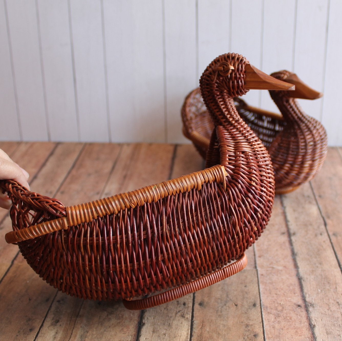 Vintage Wicker Woven Duck Basket Set of 2 Brown Wicker Duck Planter Baskets