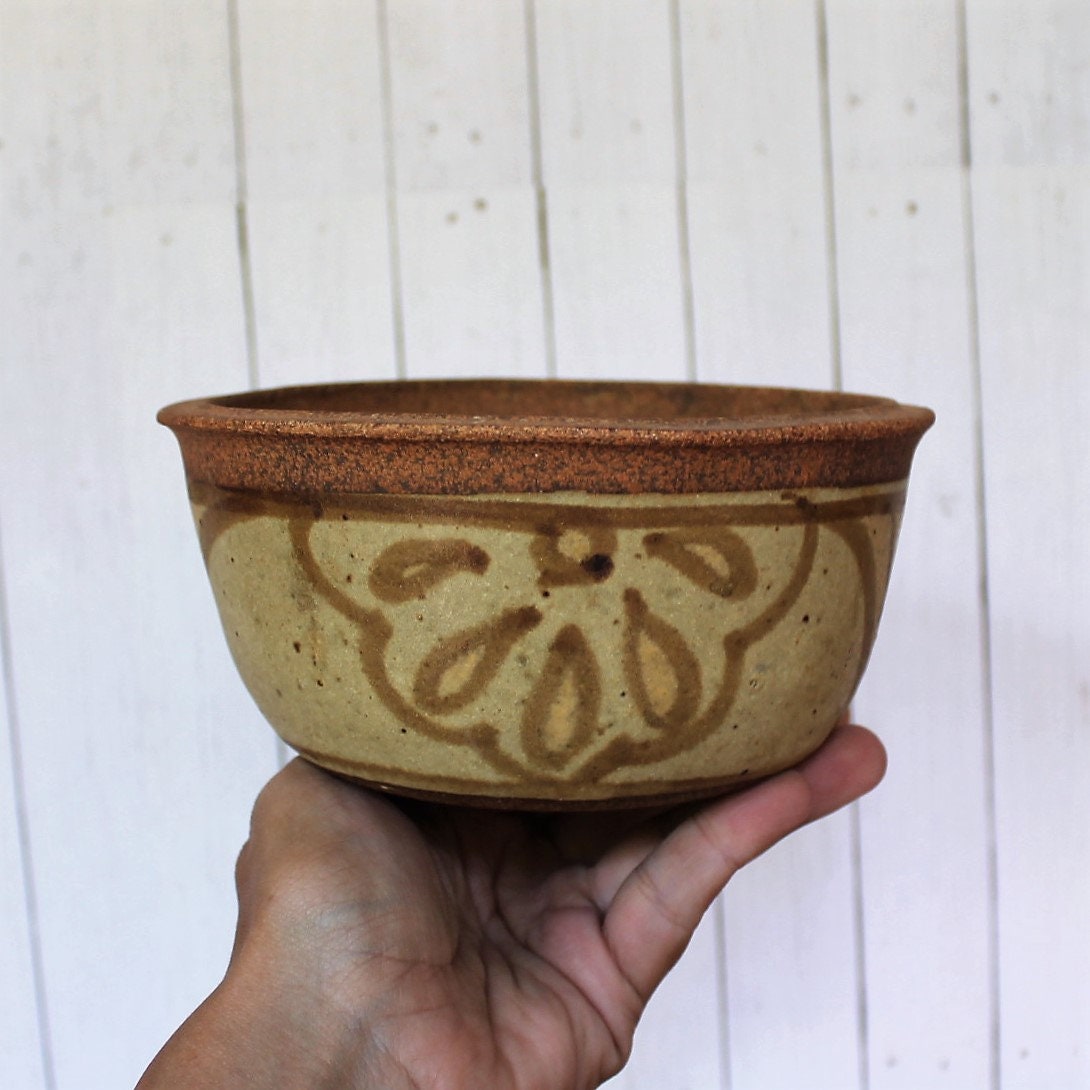 Vintage Studio Pottery Round Stoneware Planter Bowl Tan Brown and Cream ...