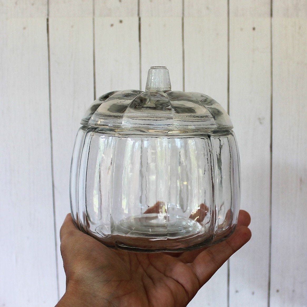 Vintage Clear Glass Pumpkin Dish Bowl with Lid Candy Dish Candle Holder ...