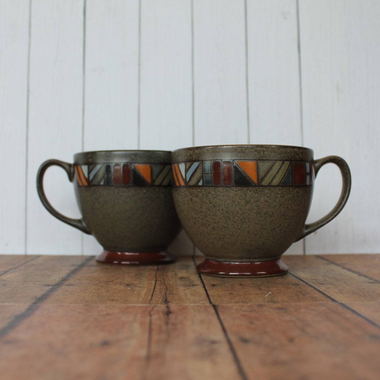 Vintage Denby MARRAKESH Ceramic Tea Cup Set of 2 Green Brown Footed Cup ...