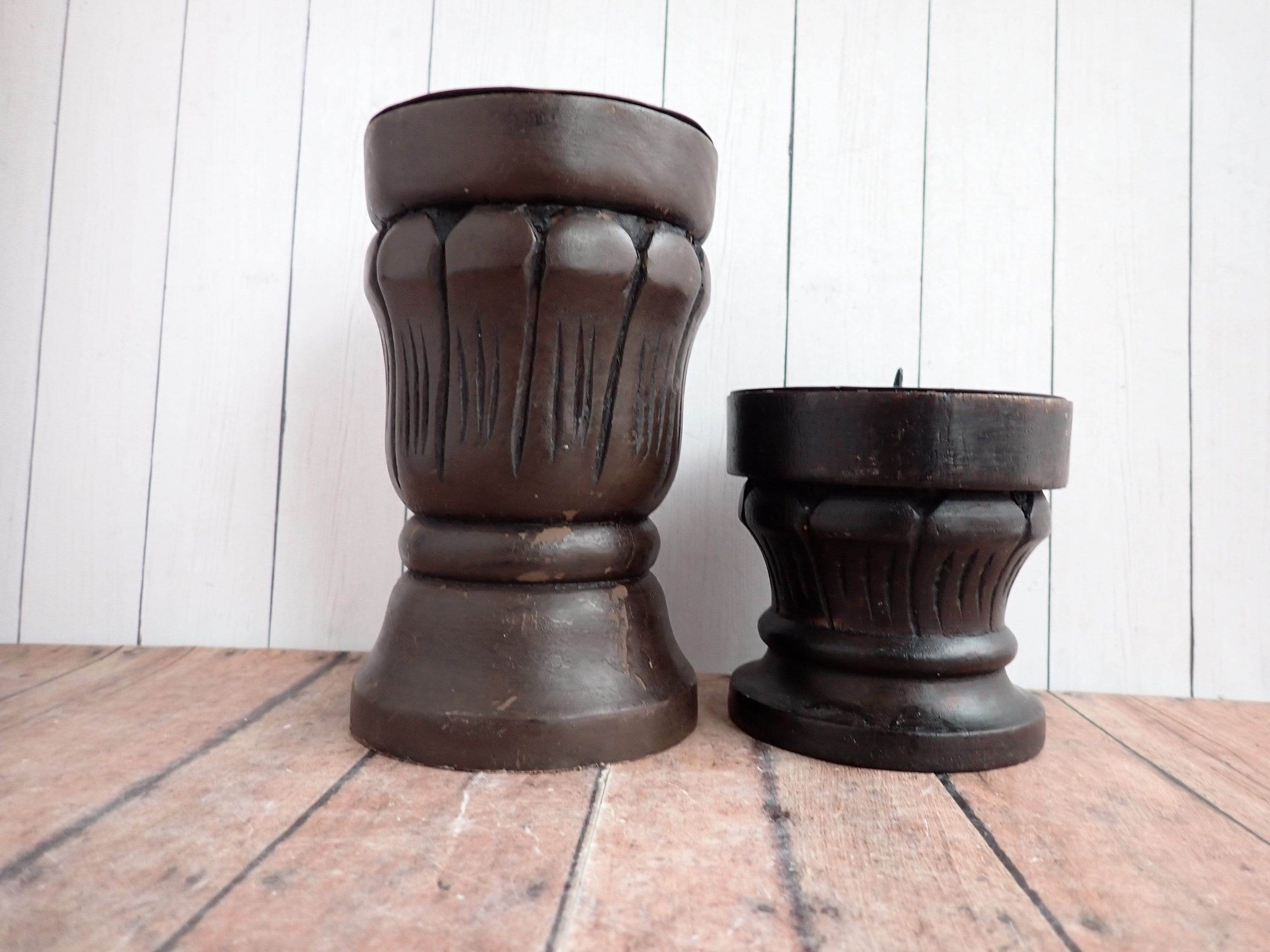 Vintage Wooden Carved Candlestick Pair Chunky Wood with Tiki Tribal ...