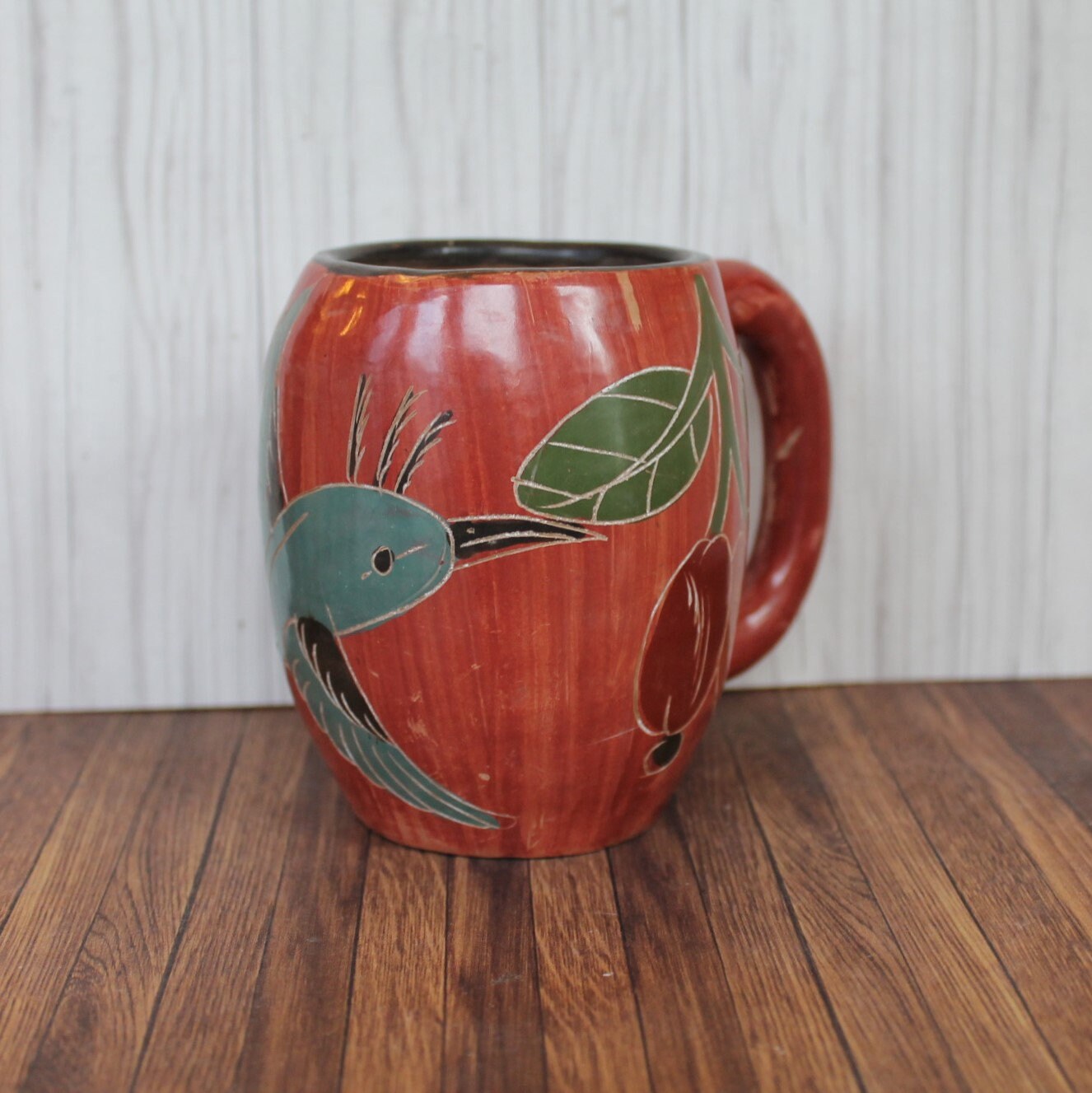 Vintage Costa Rican Pottery Mug Pink with Blue Bird and Red and Green ...