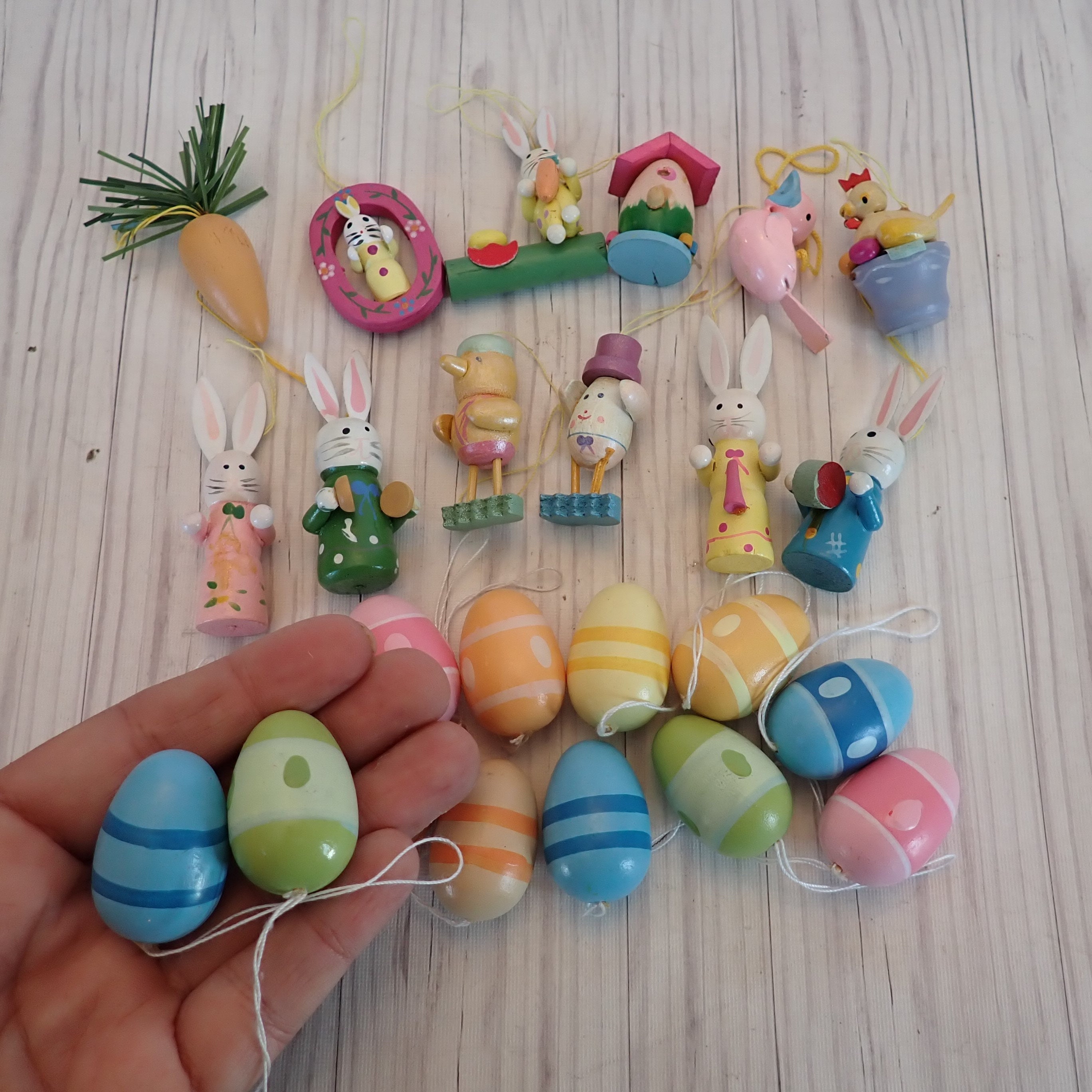 Vintage Wood Easter Ornaments Set of 24 Miniature Wooden Eggs Birds ...
