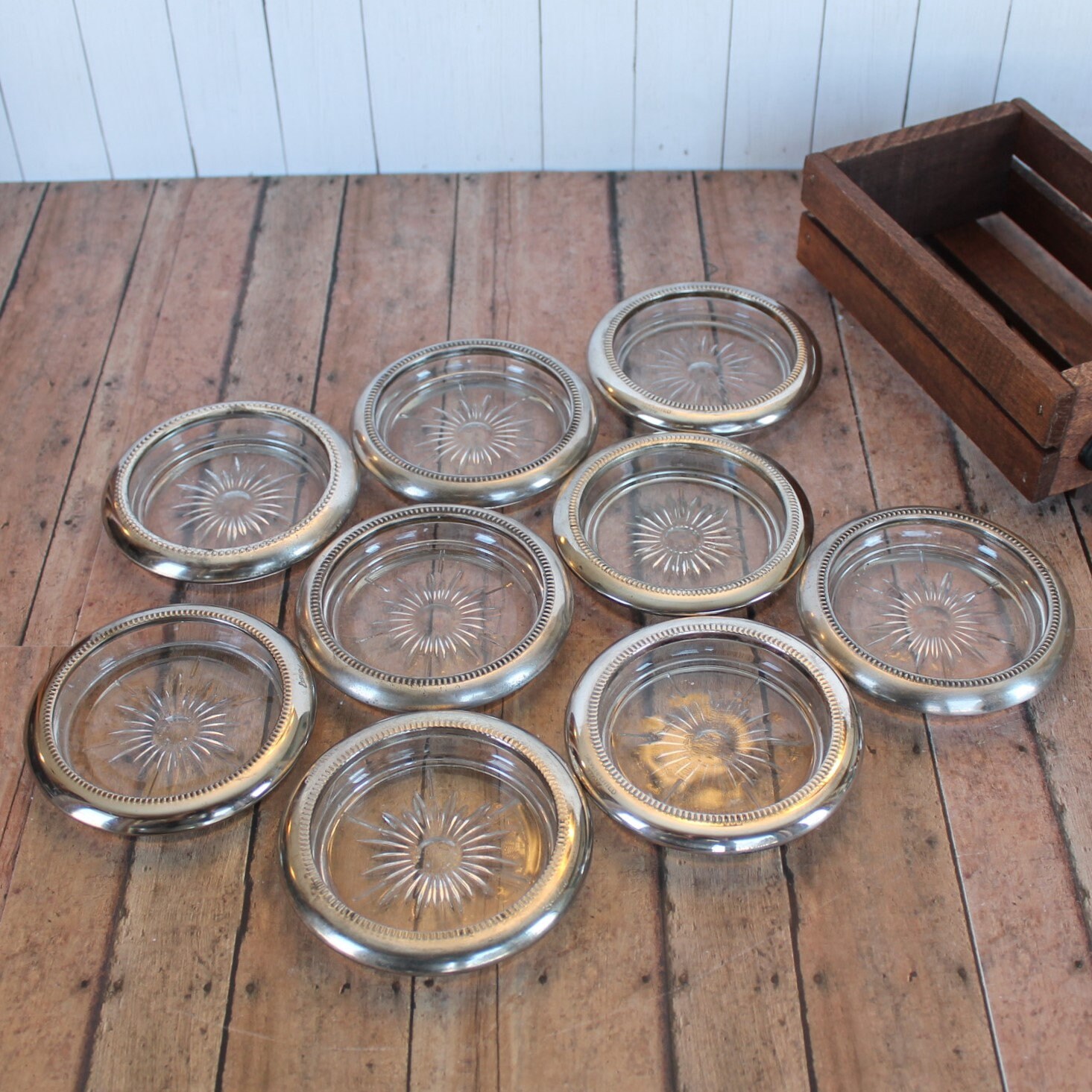 Vintage Silver Plate and Clear Glass Coaster Set of 9 in Wooden Rack ...