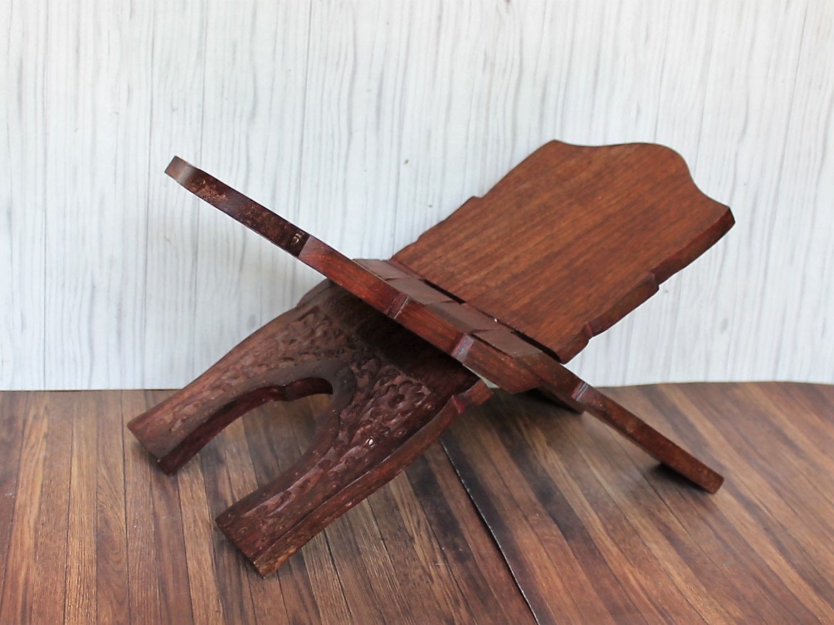 Vintage Wooden Book Stand with Carved Etched Floral Flower Design Wood ...