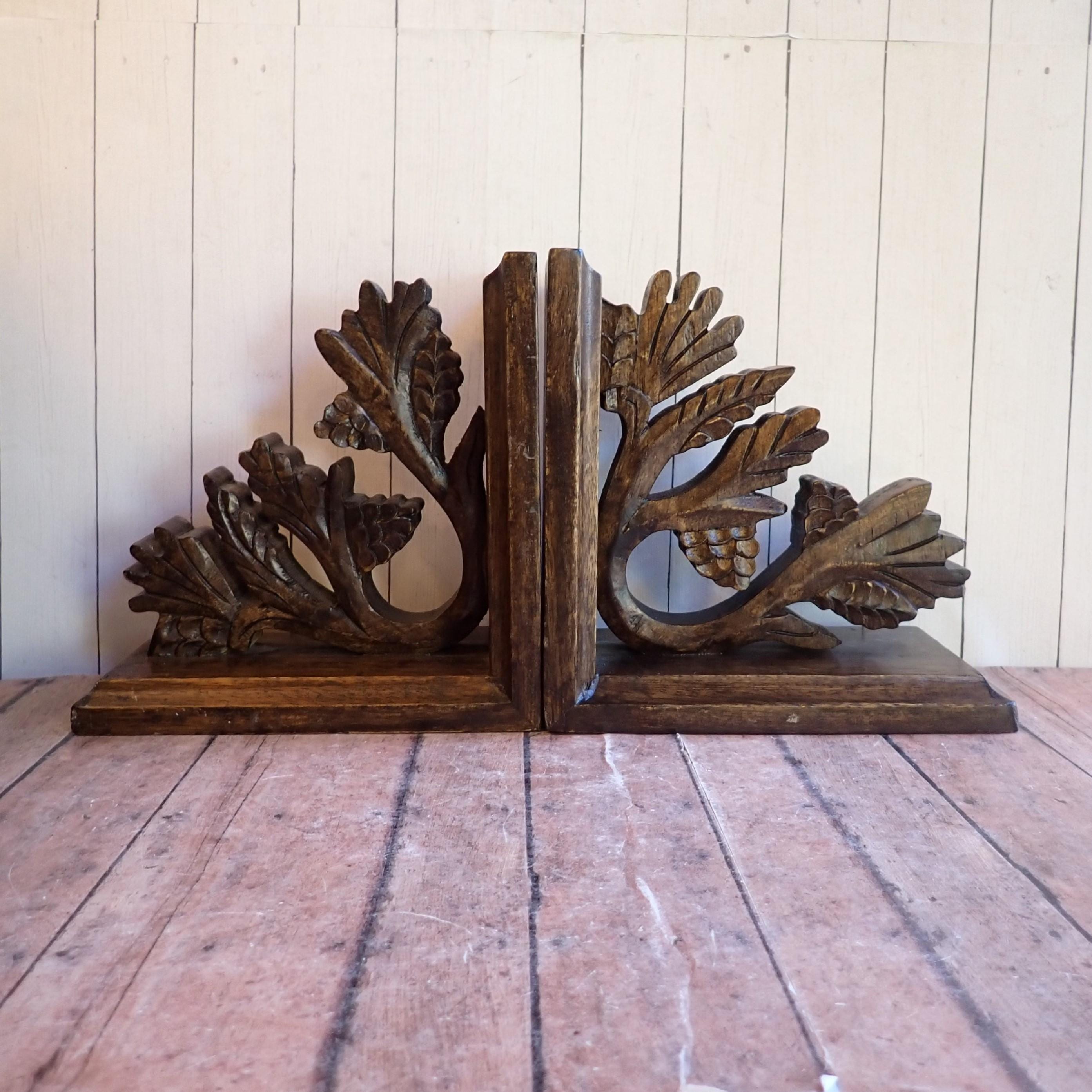 Vintage Carved Wood Bookends Set of 2 Etched Floral Design Wooden Book ...