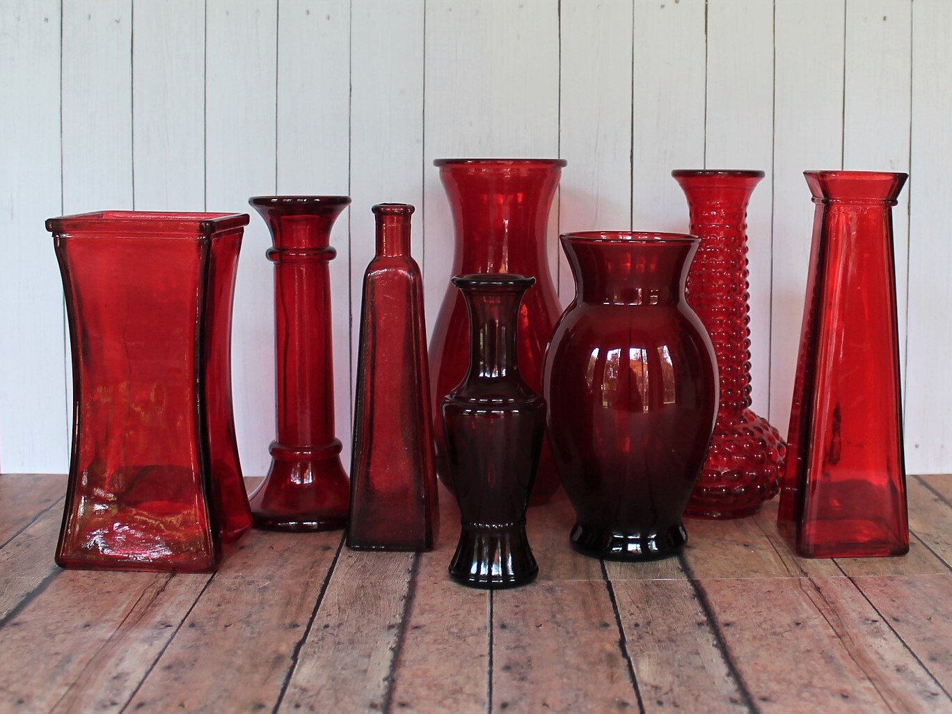 Vintage Red Glass Vase Set of 8 All Different Square Hobnail Pattern ...