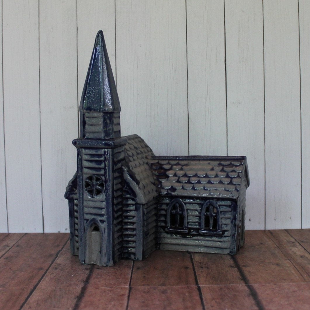 Vintage Rowe Pottery Works Salt Glazed Church Village Building Gray ...