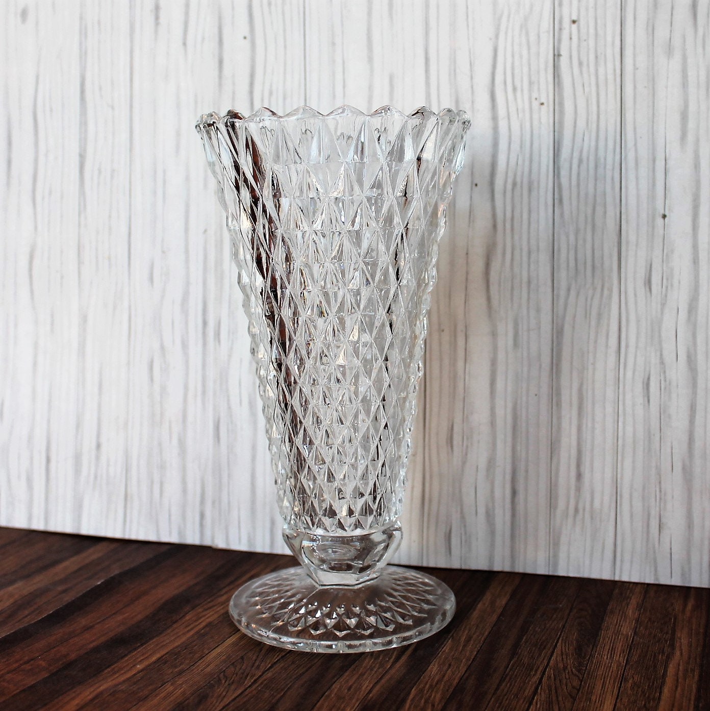 Vintage Indiana Glass Diamond Point Clear Glass Vase Diamondpoint