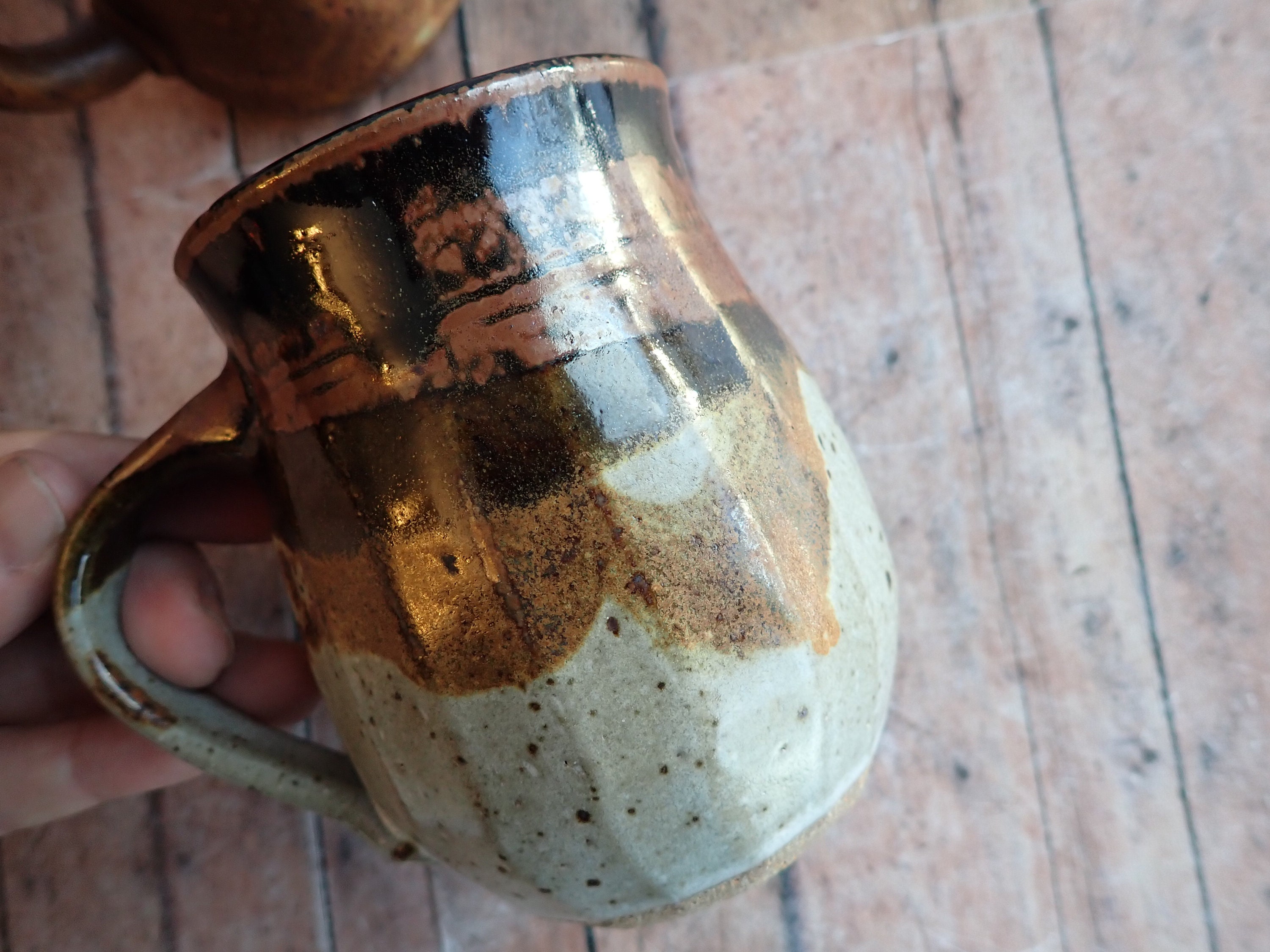 Vintage Stoneware Pottery Mug Coffee Cup Set of 2 Handmade Brown Beige ...