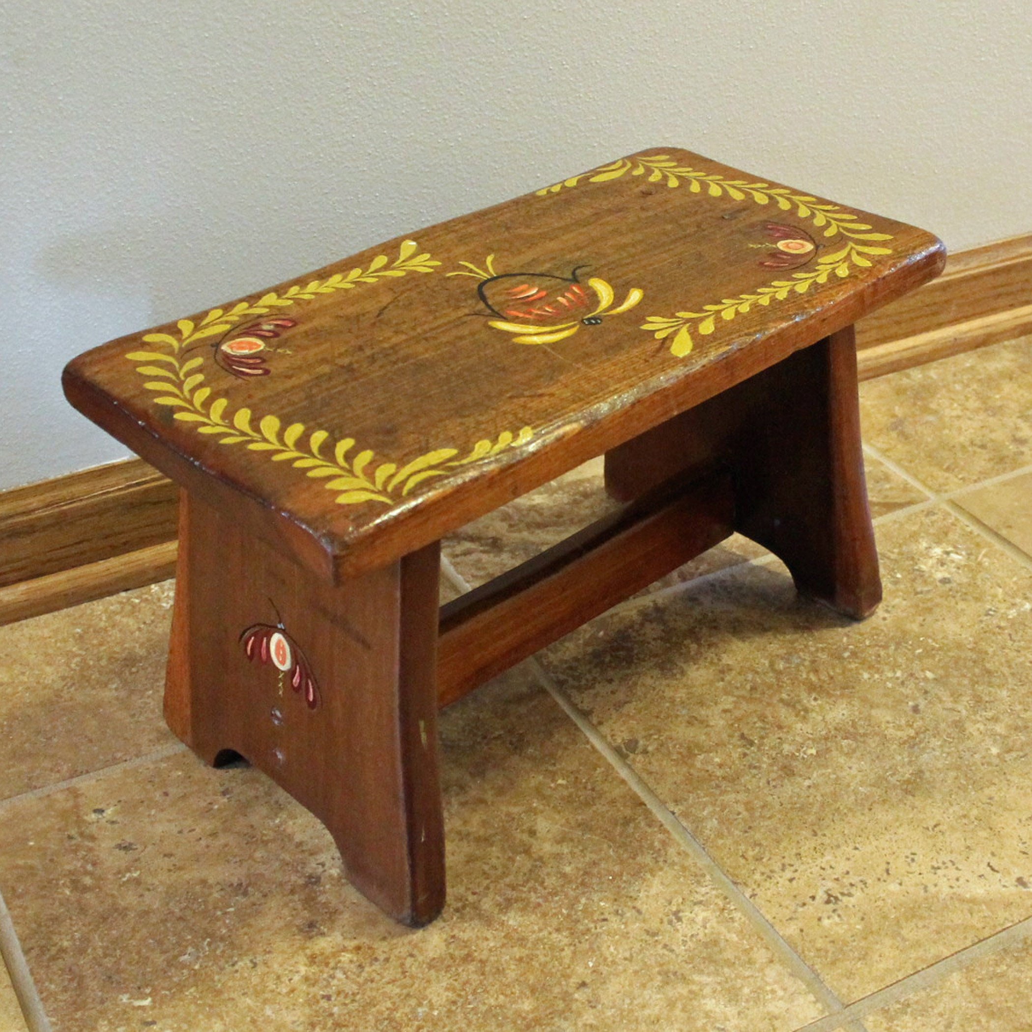 Vintage Wooden Hand Made Step Stool Bench with Painted Rosemaling ...