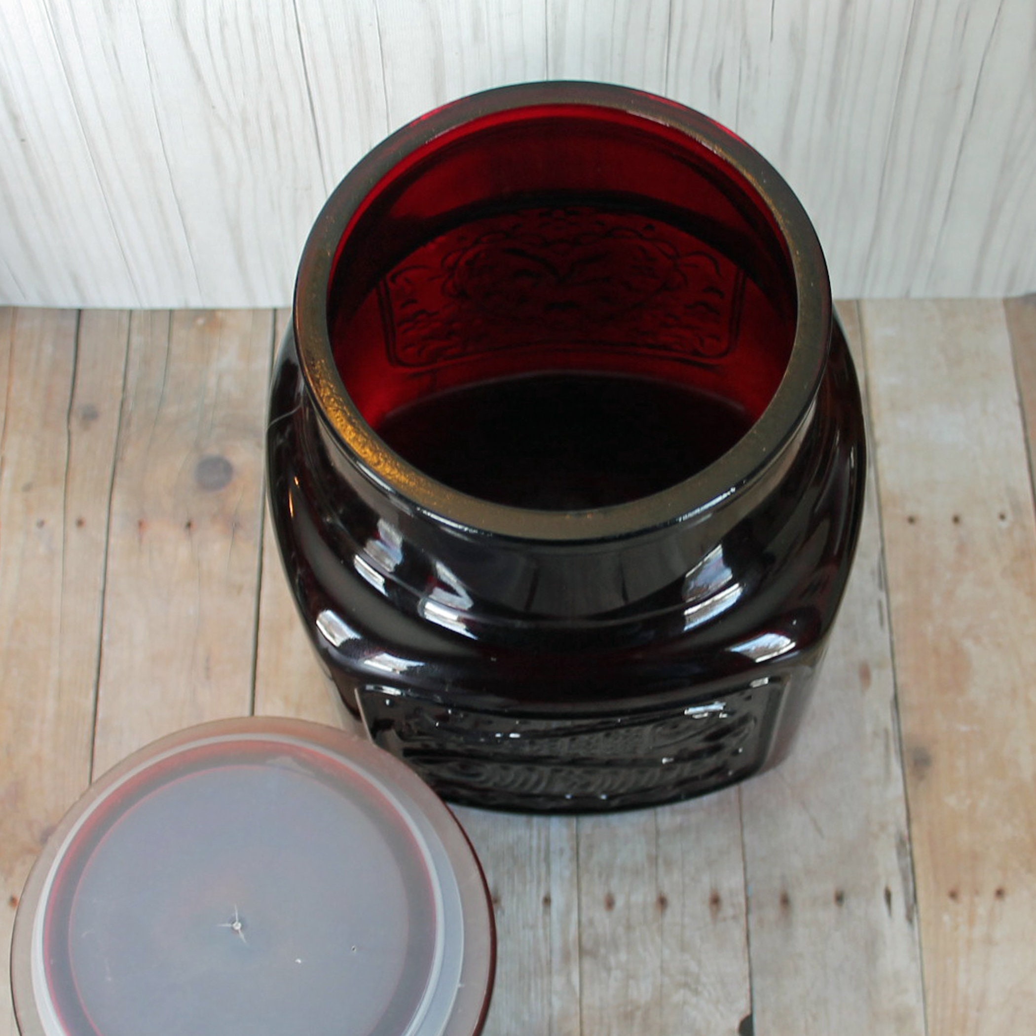 Vintage Wheaton Red Glass Canister with Lid Bird Heart and Fish Design ...