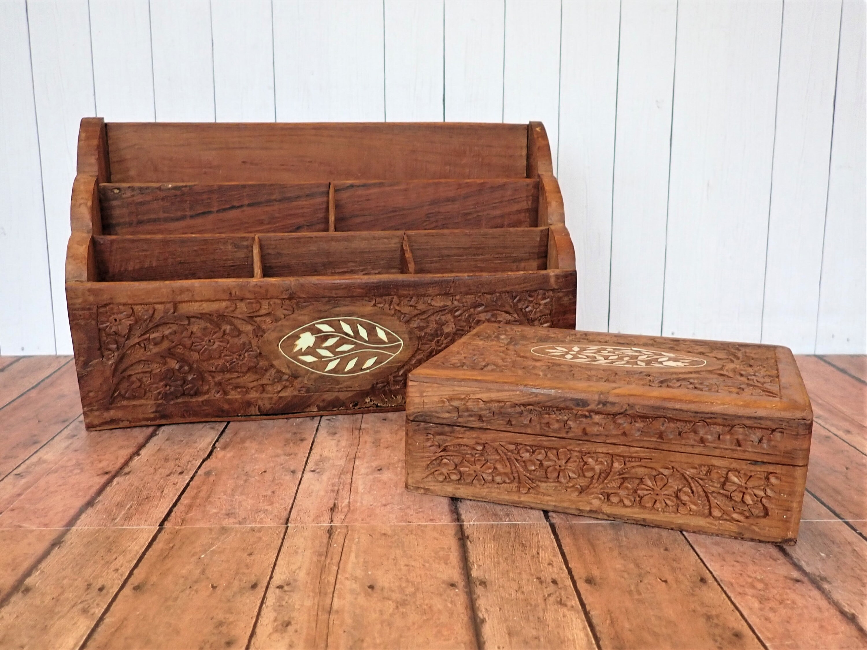 Vintage Wooden Office Desk Paper Organizer Carved Wood with Floral ...