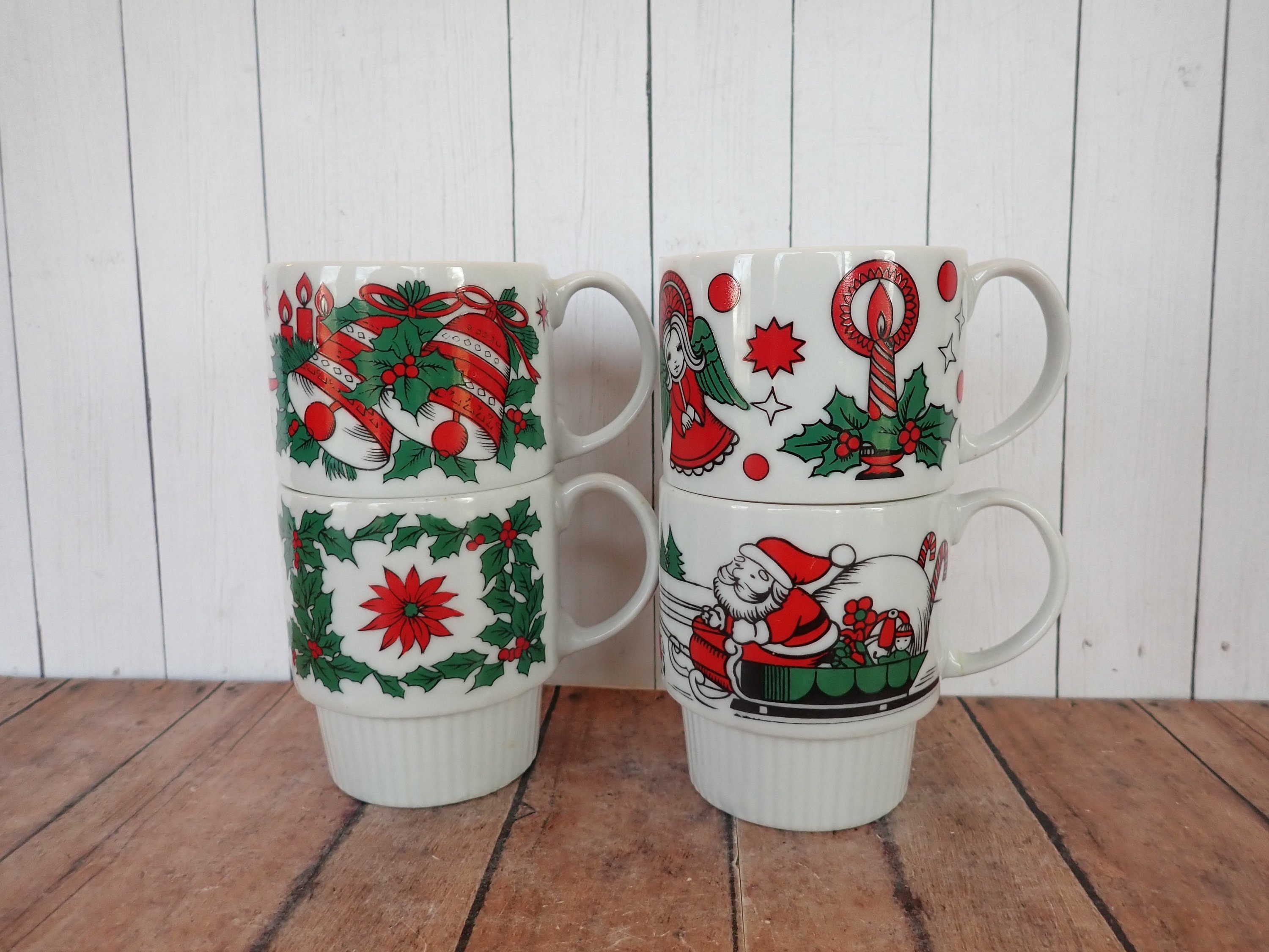 Vintage Christmas Mug Set of 4 Retro Stacking Mugs White with Red and ...