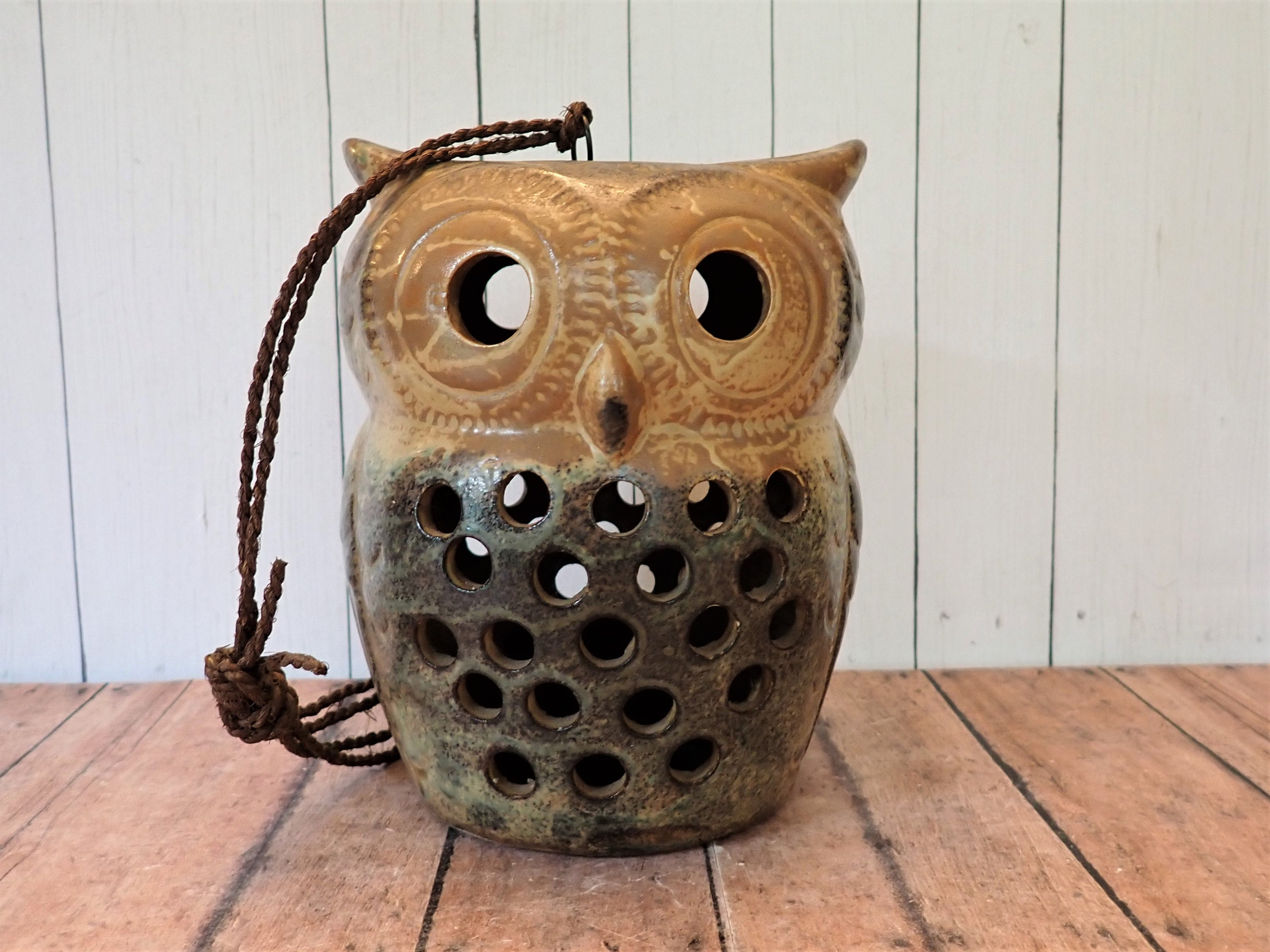 Vintage Large Stoneware Owl Tealight Votive Candle Holder Hanging ...