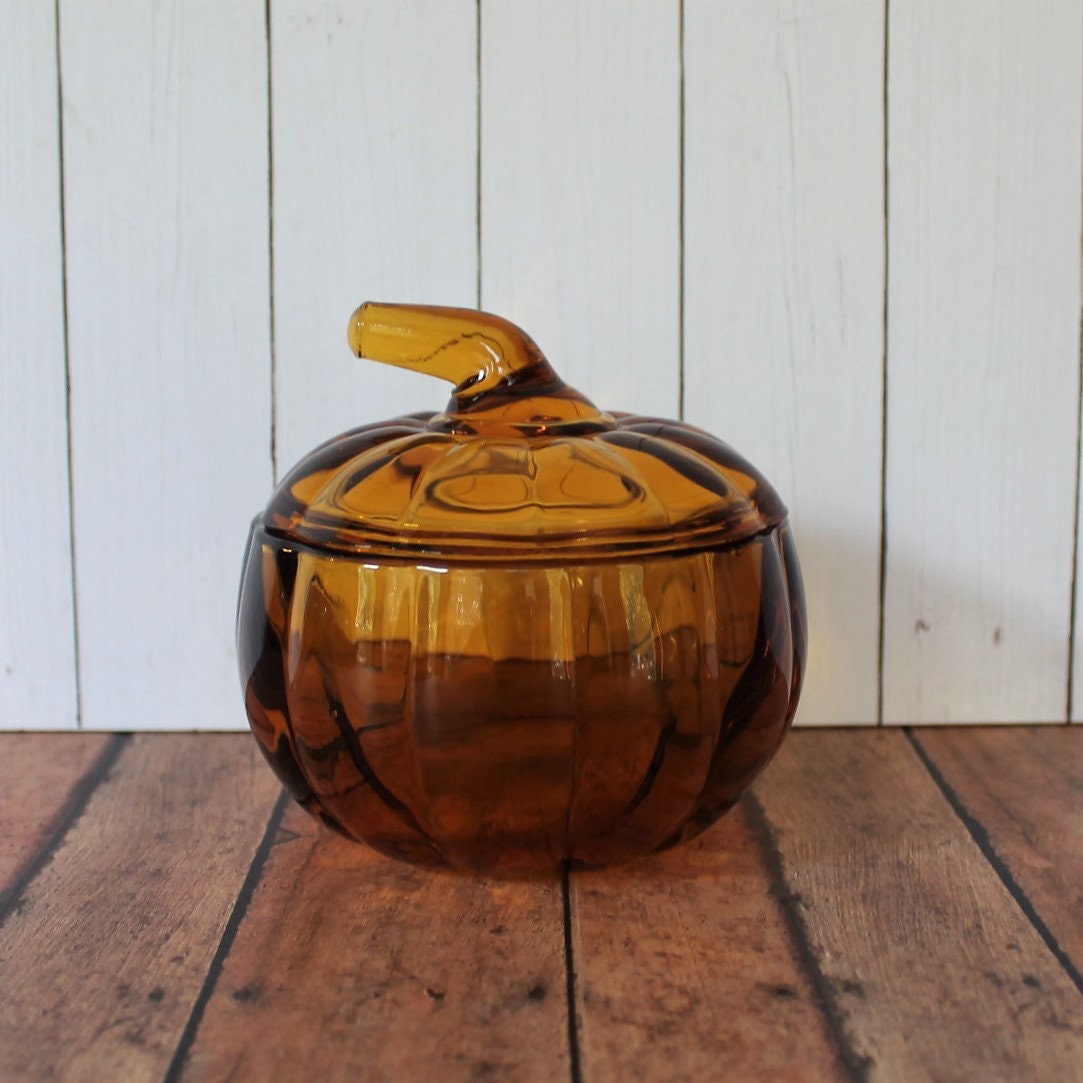Vintage Amber Orange Glass Pumpkin Dish Bowl with Lid Candy Dish Candle ...