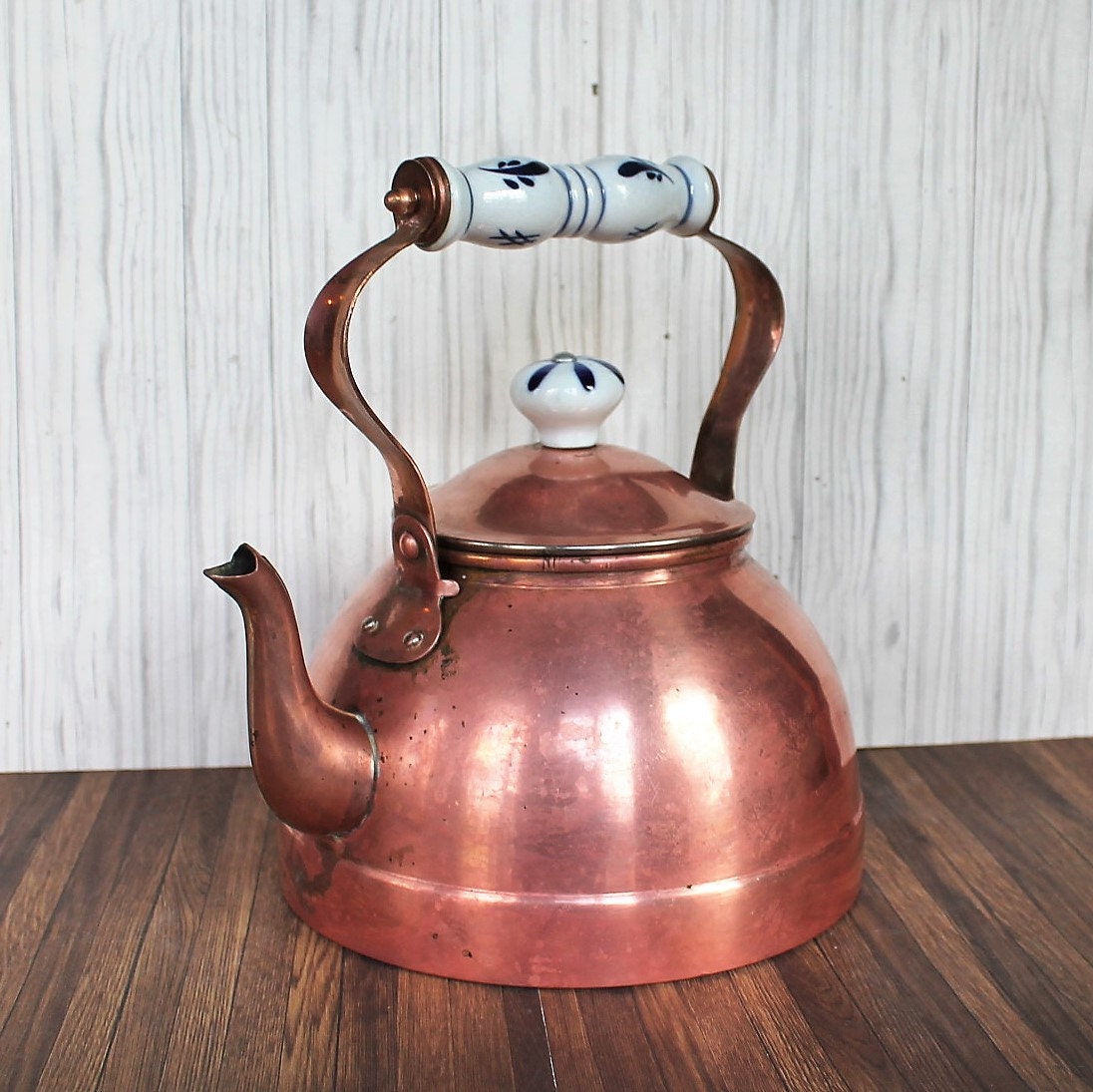 Vintage Copper Kettle Coffee Tea Pot with Ceramic White and Blue Handle