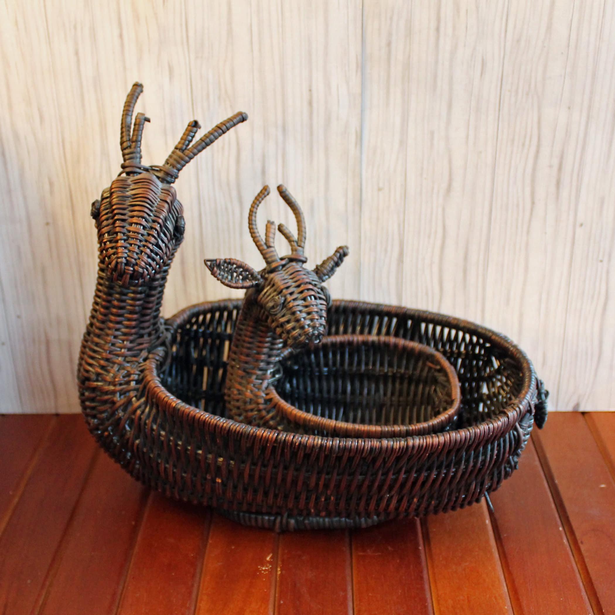 Vintage Brown Woven Wicker Deer Baskets Set of 2 Large and Small Animal ...