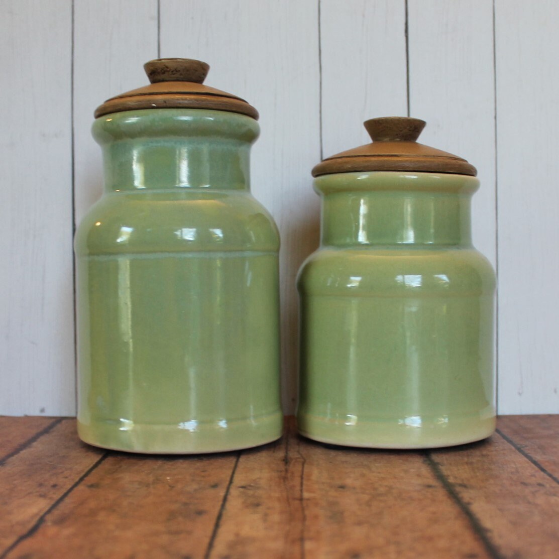 Vintage Foreside Pottery Canister Set of 2 Jars with Wooden Lids Green ...
