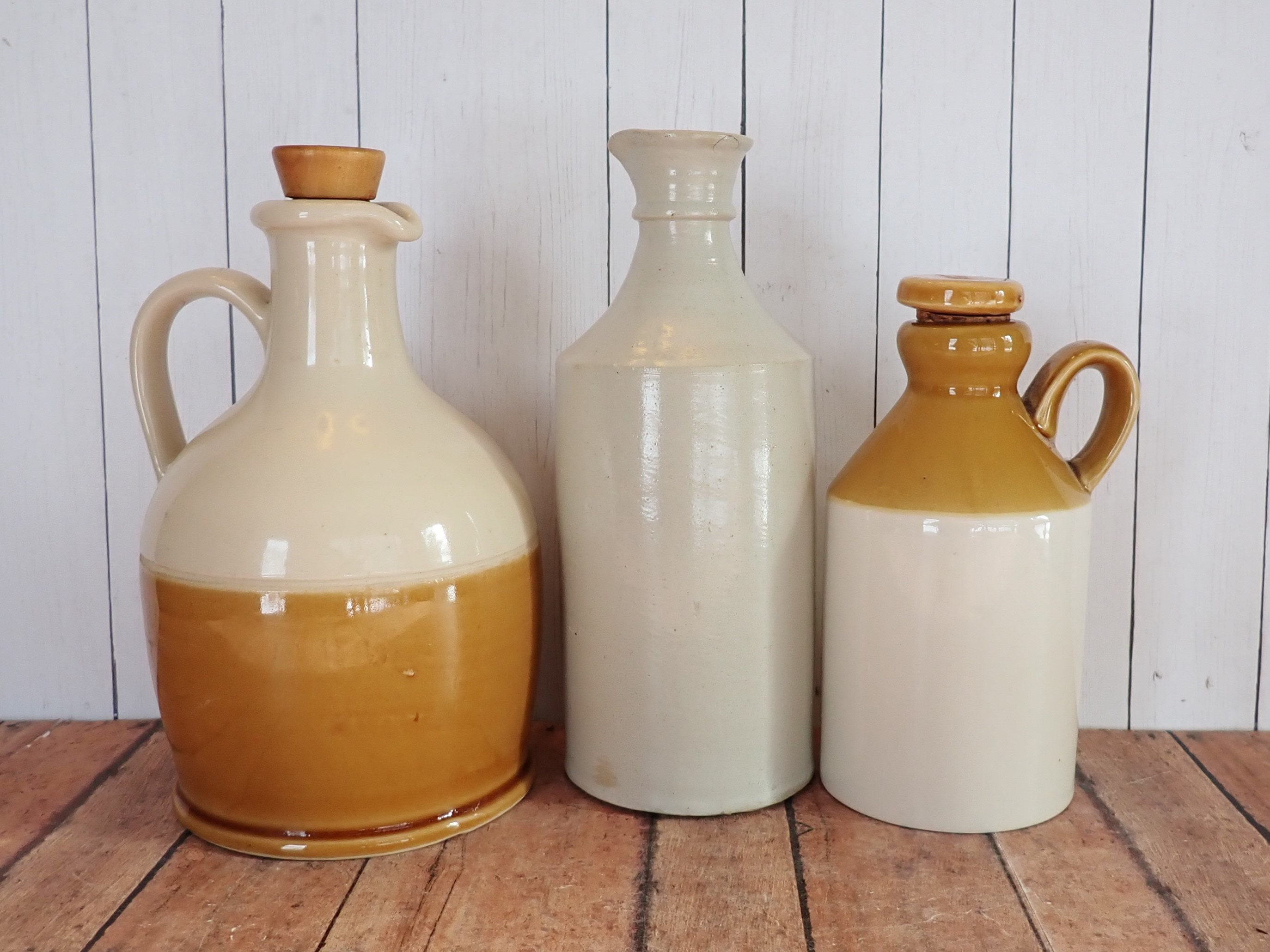 Vintage Stoneware Jug Bottle Set of 3 Gray and Yellow Whiskey Liquor ...