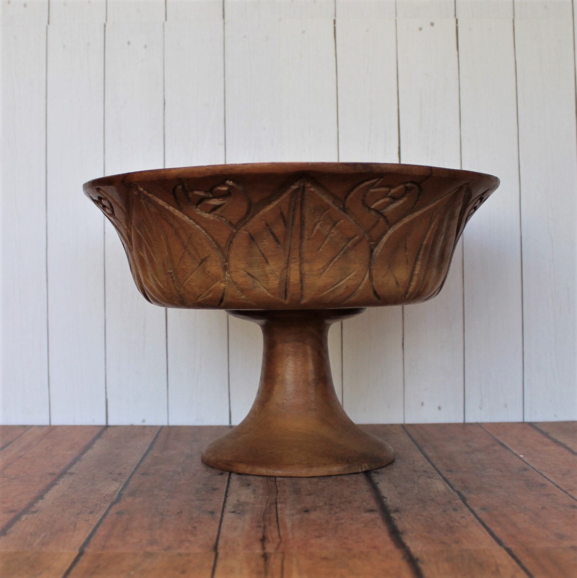 Vintage Wood Footed Pedestal Bowl With Carved Leaf Design Centerpiece Fruit Bowl Dish
