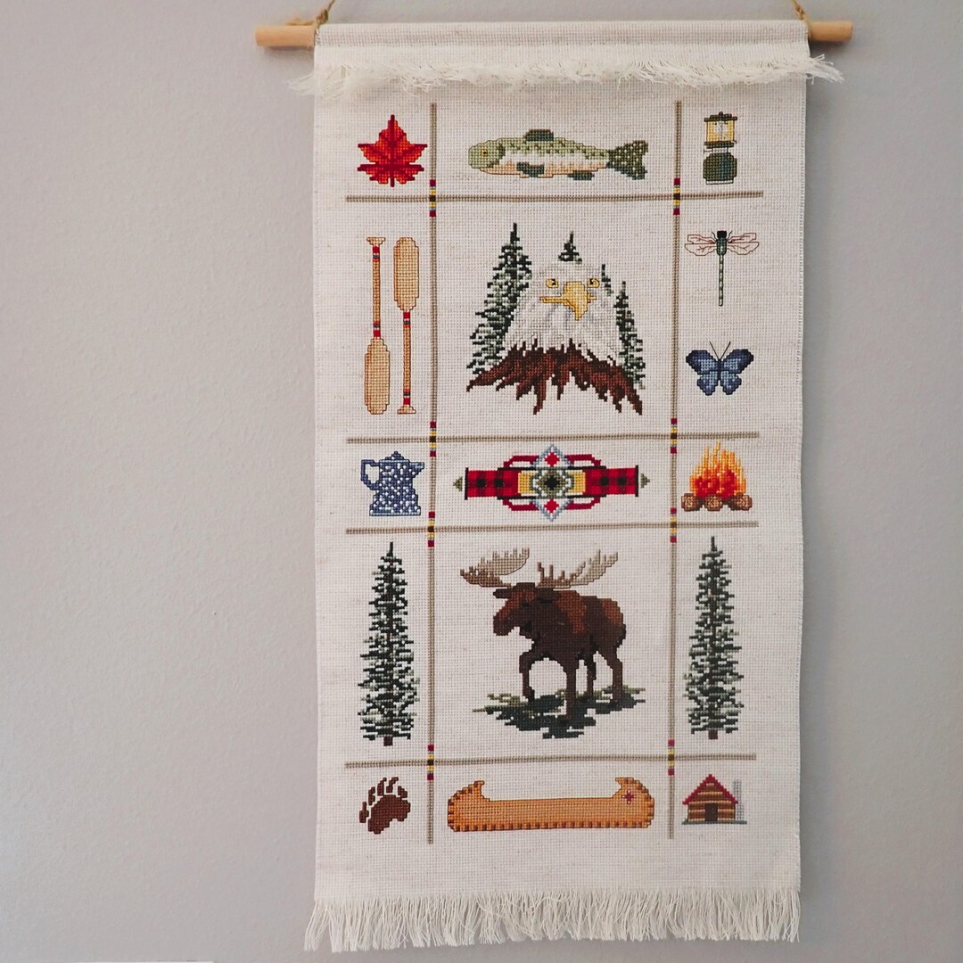 Vintage Camping Cross Stitch Banner Finished Completed Outdoors Nature ...