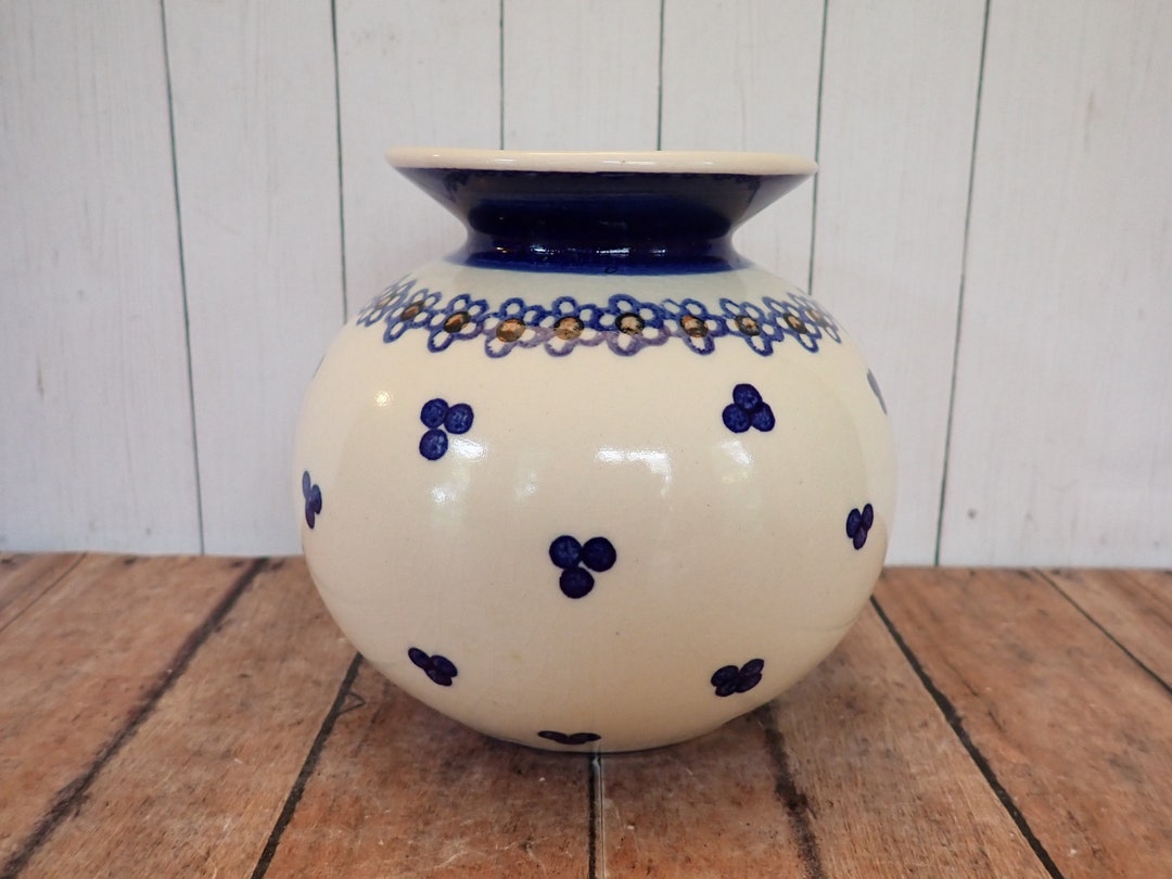 Vintage German Heise Pottery Handarbeit White Ceramic Vase With Blue ...