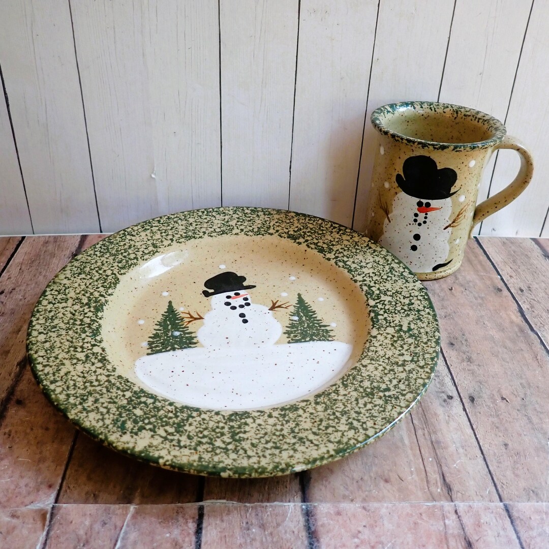 Vintage Three Rivers Pottery Stoneware Snowman Plate and Mug Set of 2 ...