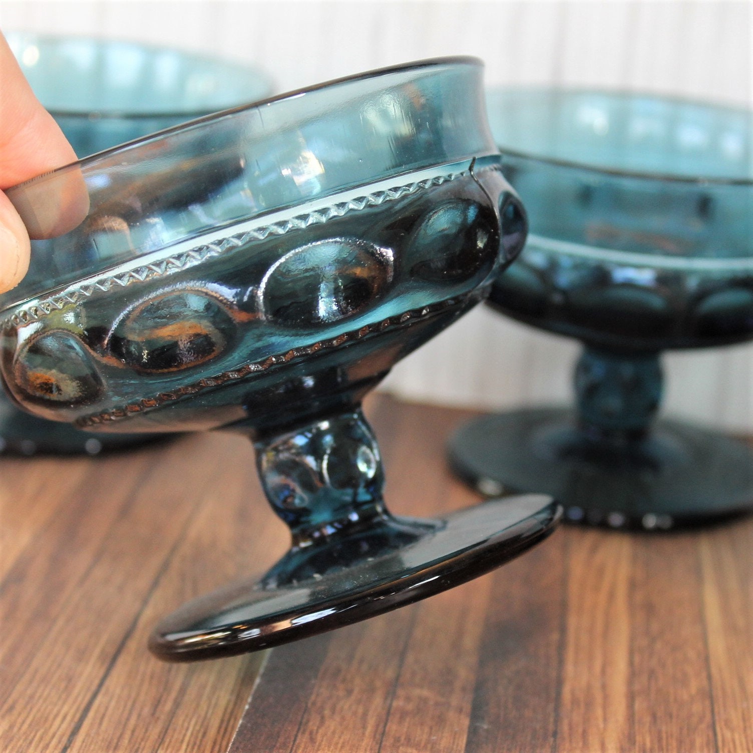 Vintage Indiana Glass Kings Crown Riviera Blue Sherbet Dish Champagne ...