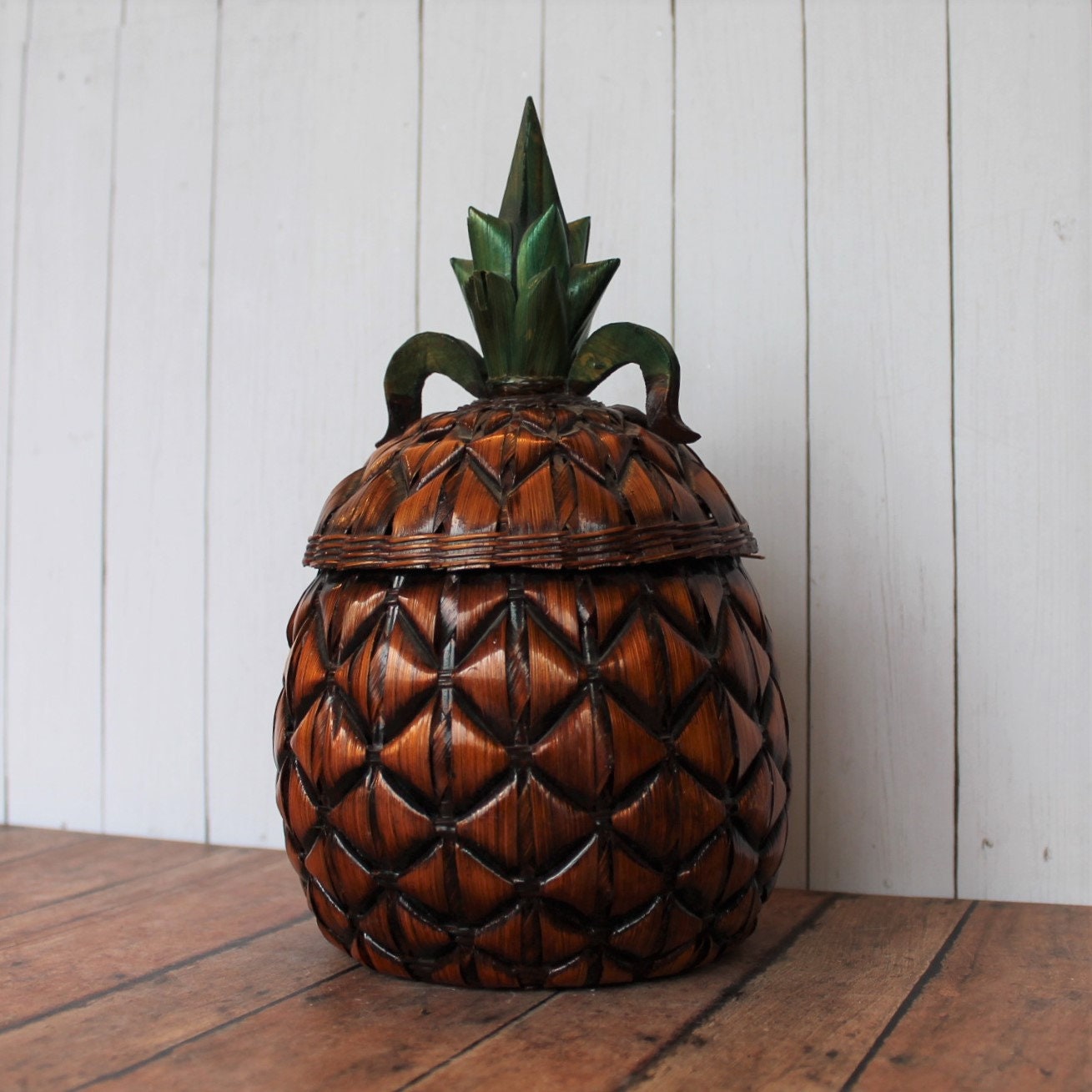 Vintage Wicker Woven Pineapple Shaped Basket with Lid Fruit Vase Boho ...