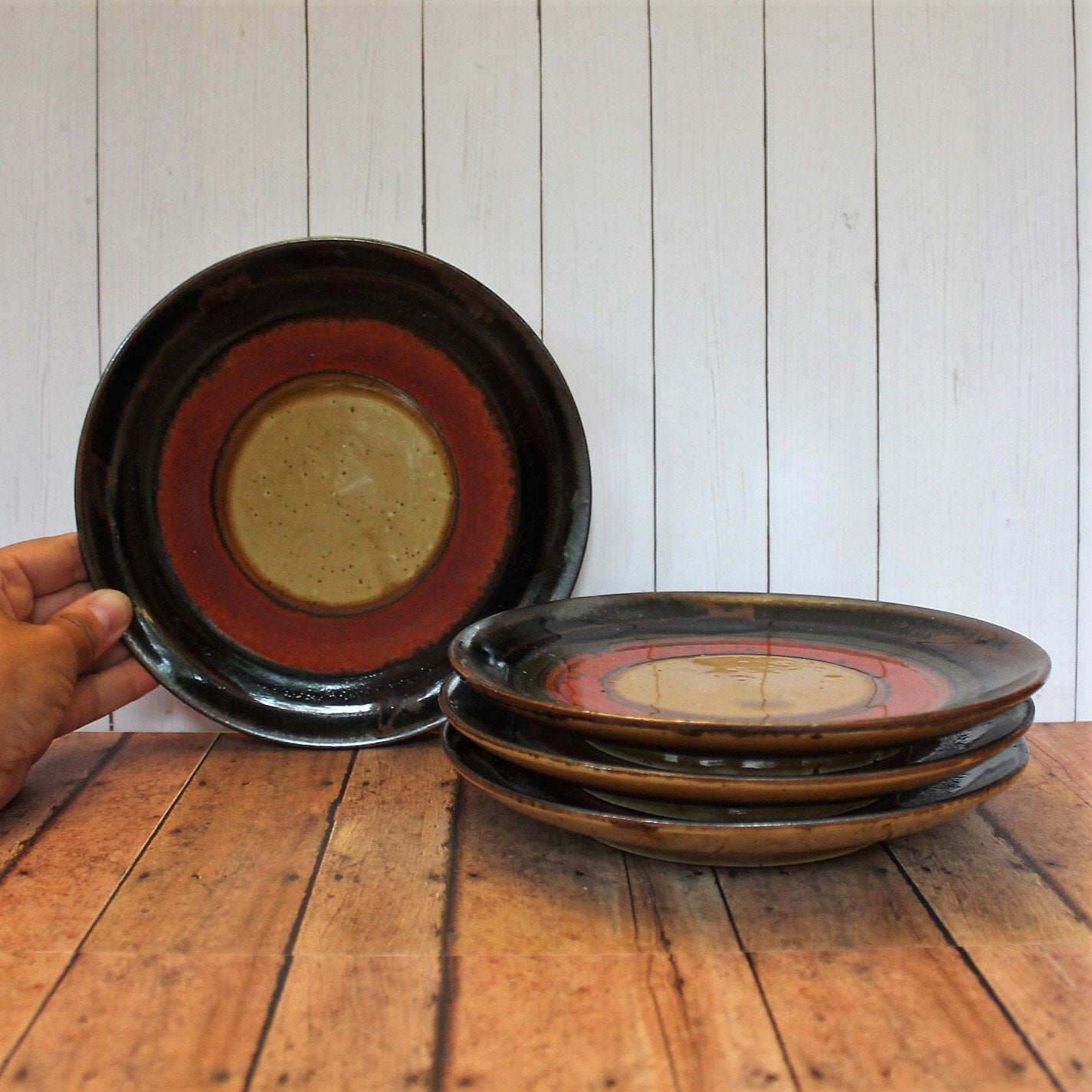 Vintage Stoneware Pottery 7 Salad Plate Green Red Brown Striped Banded ...